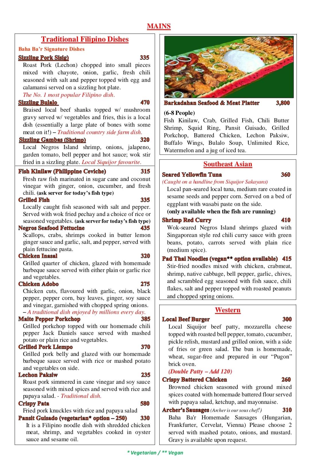 Menu at Baha Ba’r pub & bar, Siquijor, San Juan