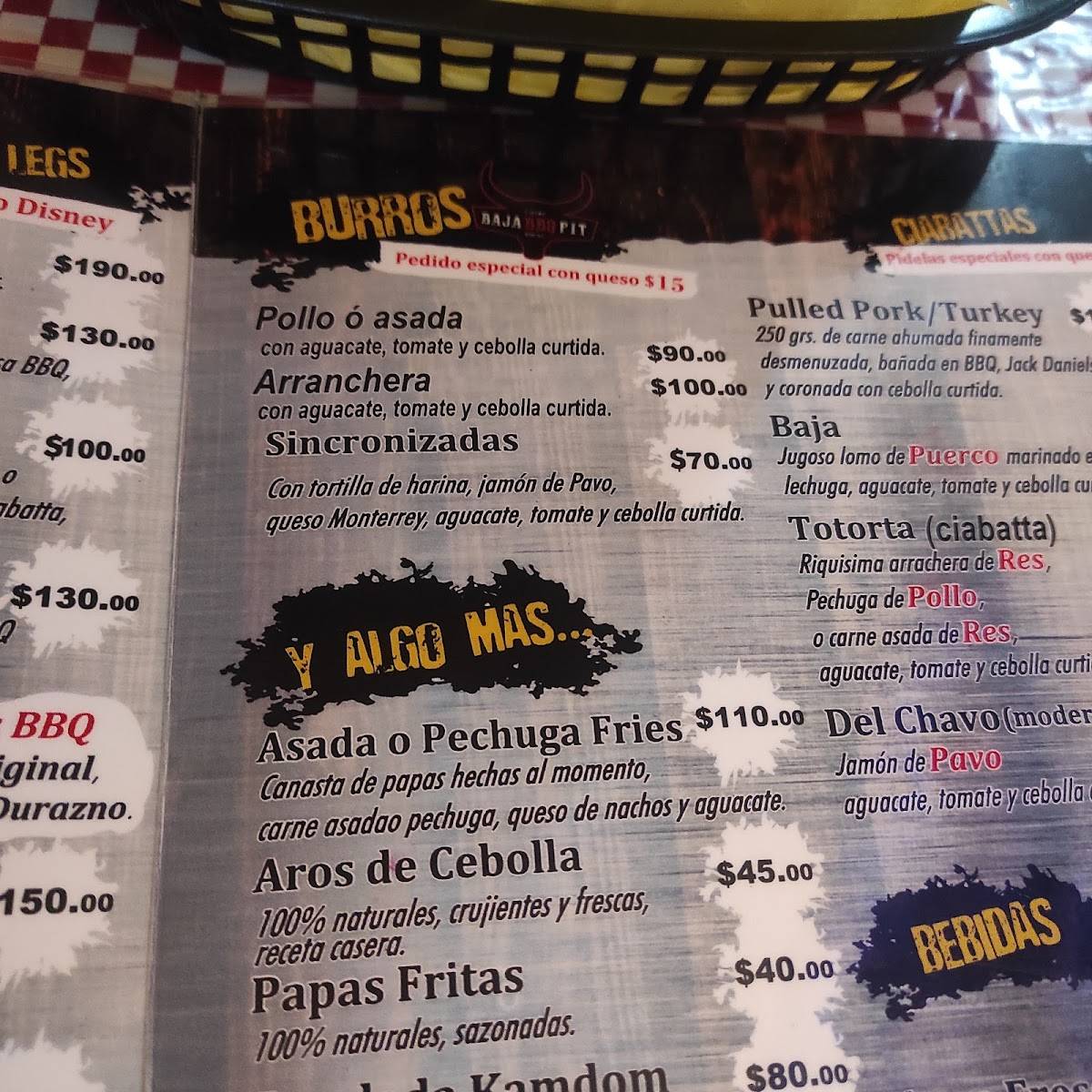 Menu at Baja BBQ Pit, Tijuana, 11 y o Plutarco Elías Calles 1984
