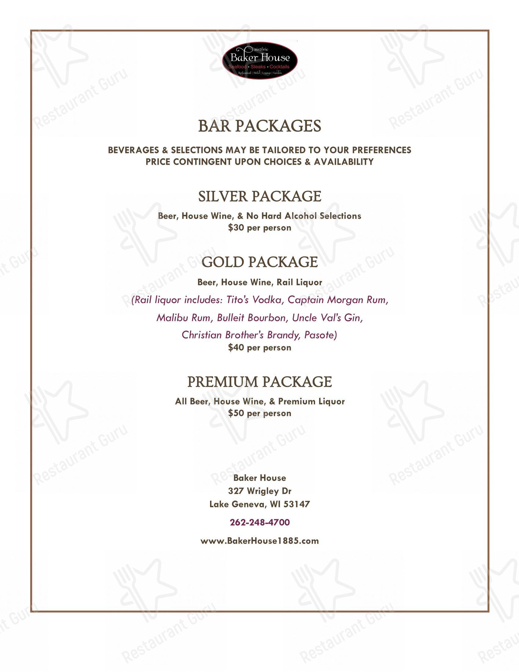 Menu at Baker House pub & bar, Lake Geneva