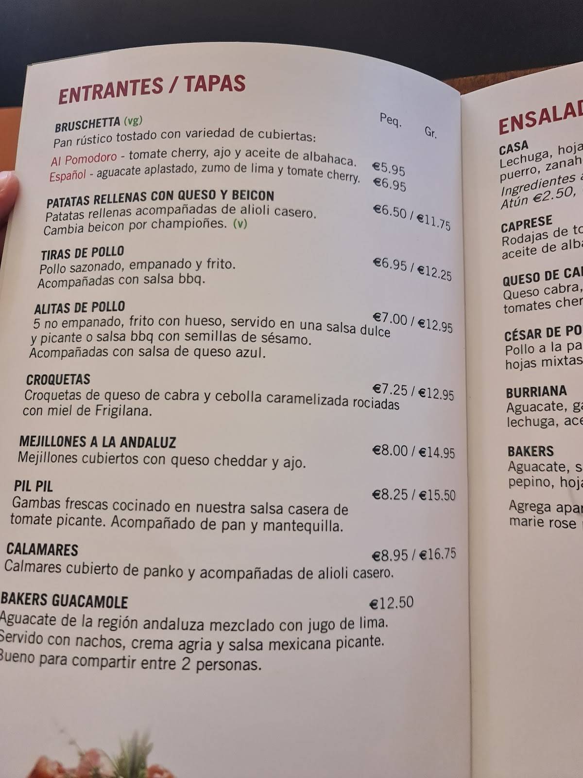 Menu at Bakers Restaurant & Bar, Nerja