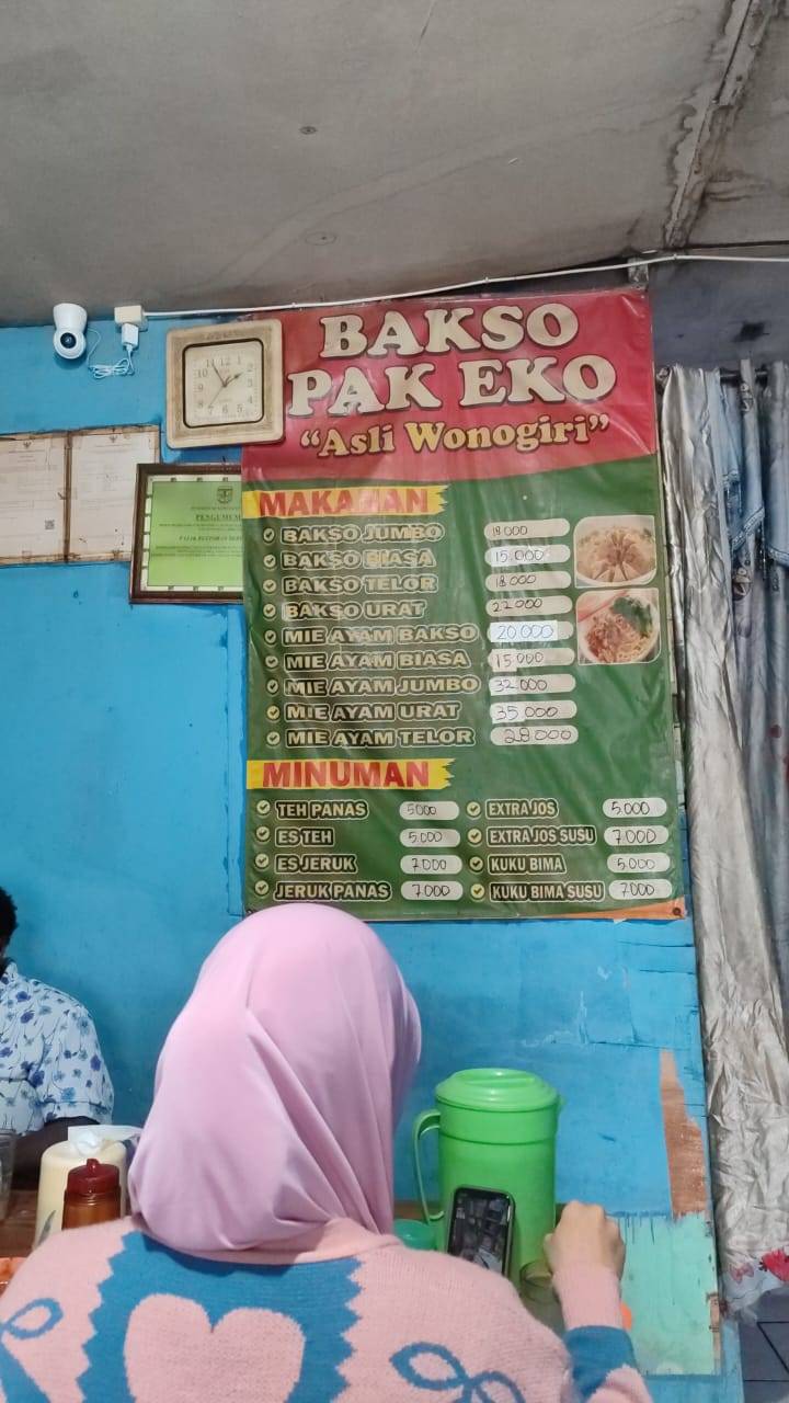 Menu at Bakso Pak Eko restaurant, Timika