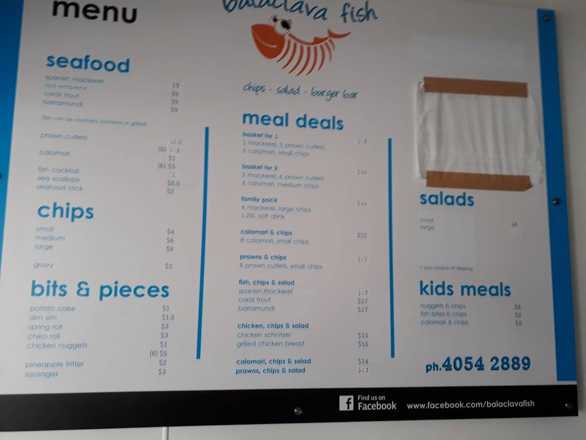 Menu at Balaclava Fish restaurant, Earlville