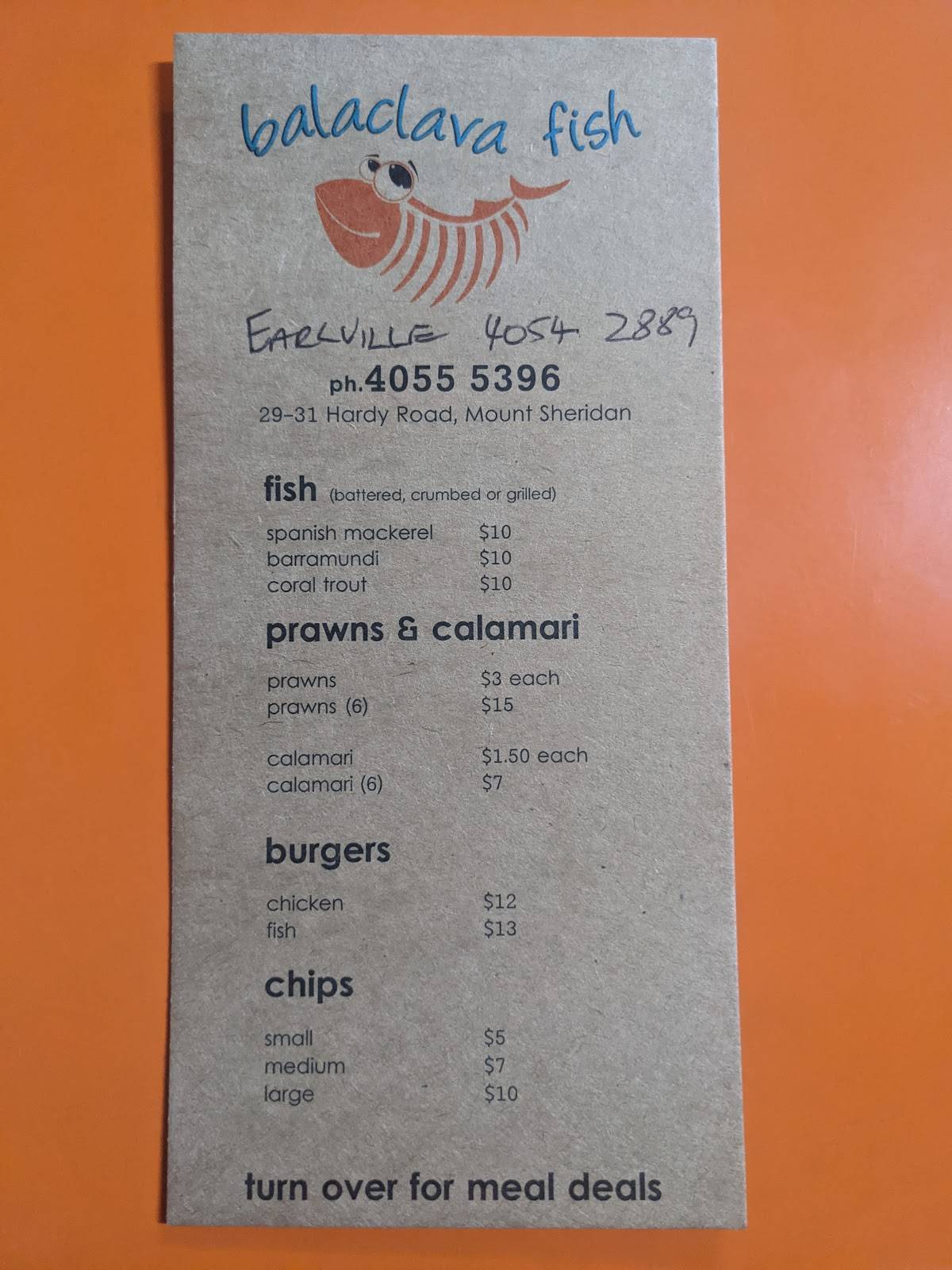 Menu at Balaclava Fish restaurant, Earlville