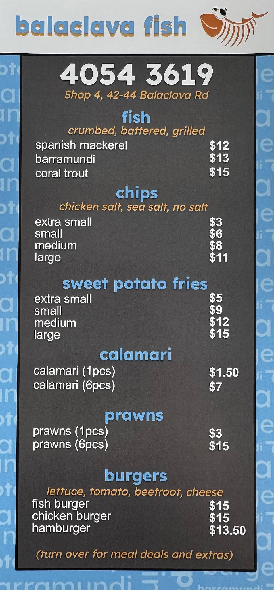 Menu at Balaclava Fish restaurant, Earlville