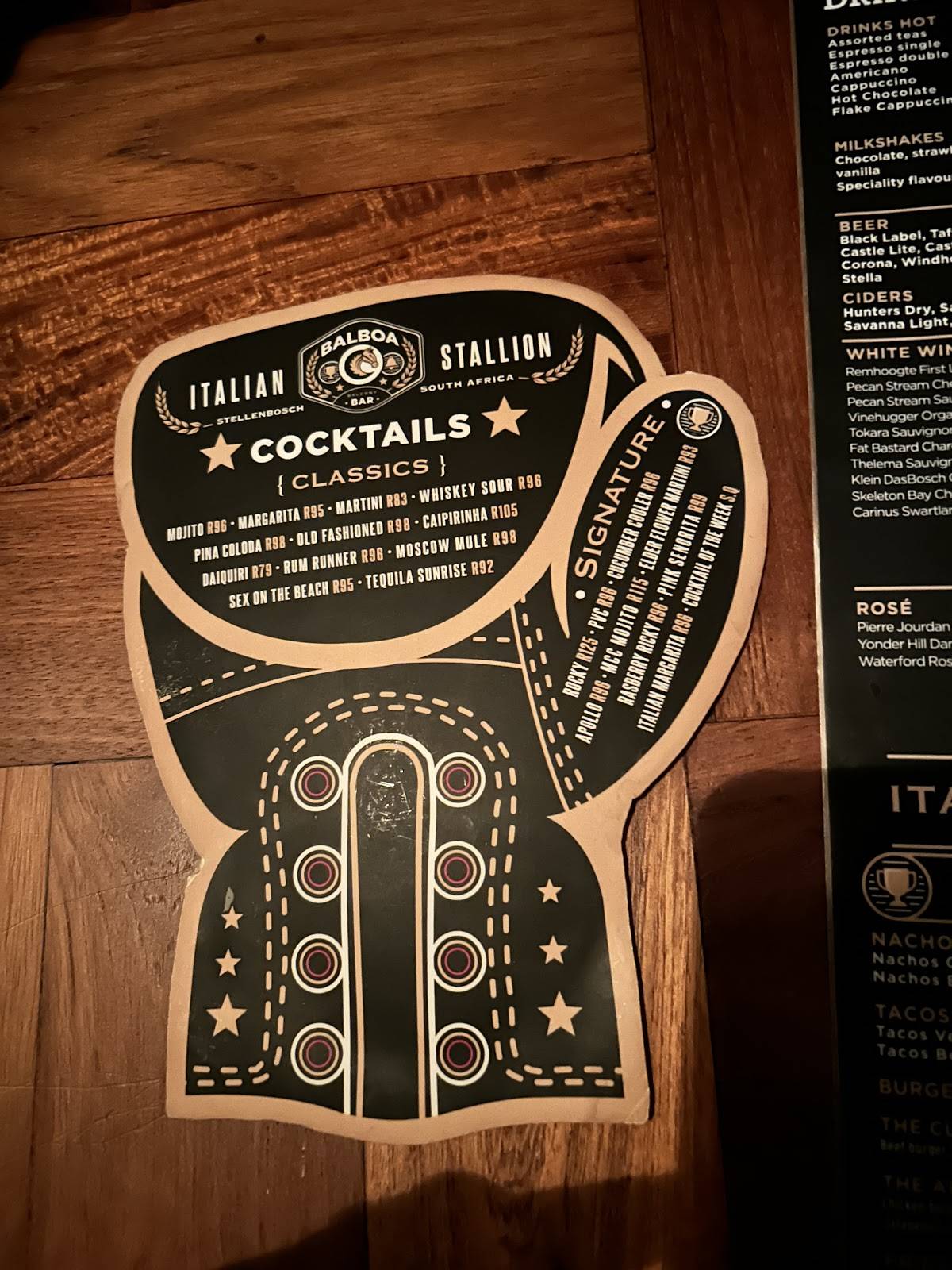 Menu at Balboa Balcony Bar, Stellenbosch
