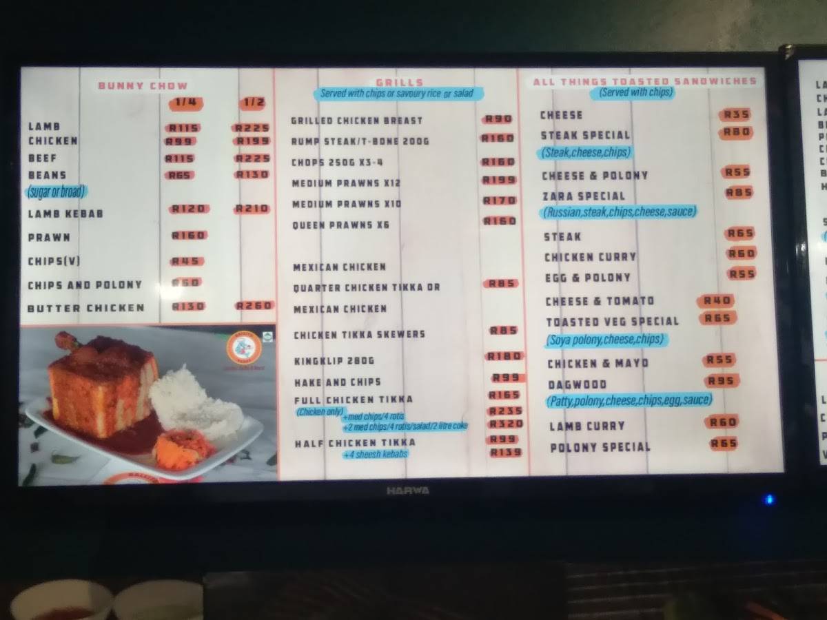Menu at Ballito Bunny restaurant, Johannesburg