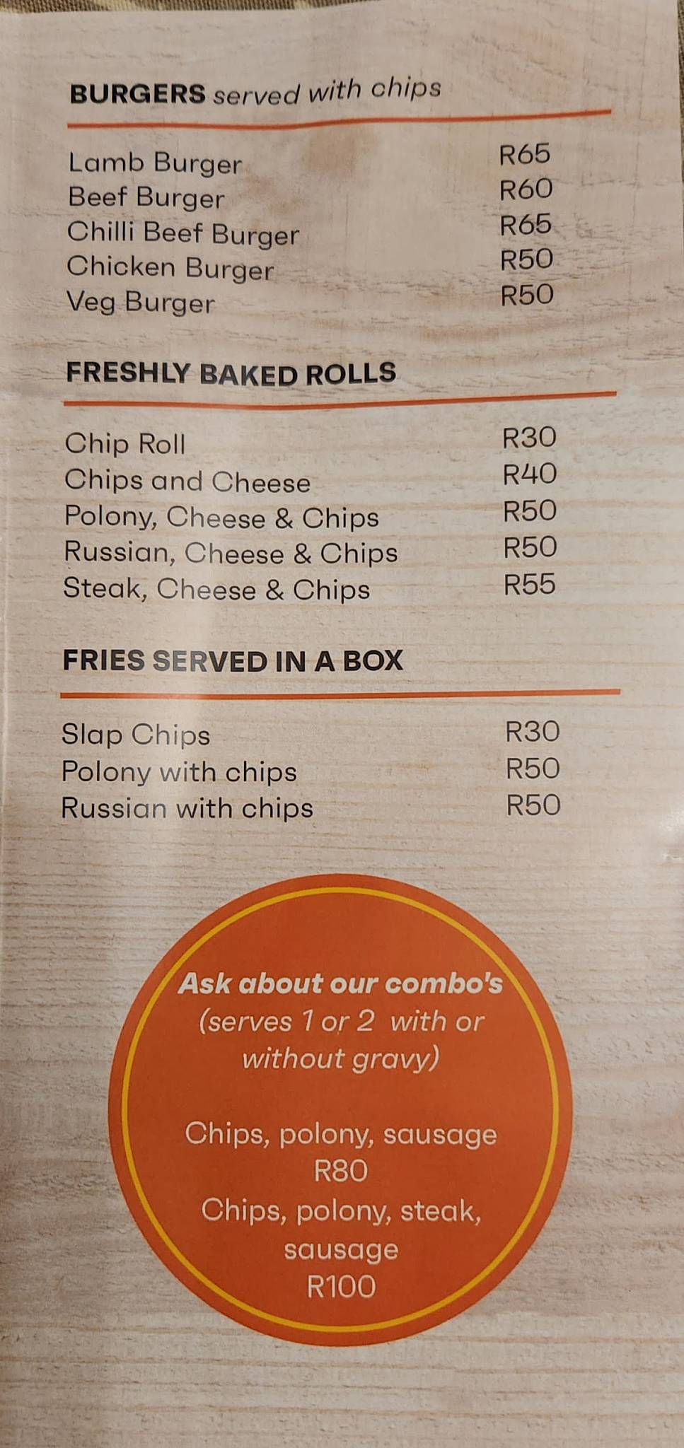 Menu at Ballito Bunny restaurant, Johannesburg
