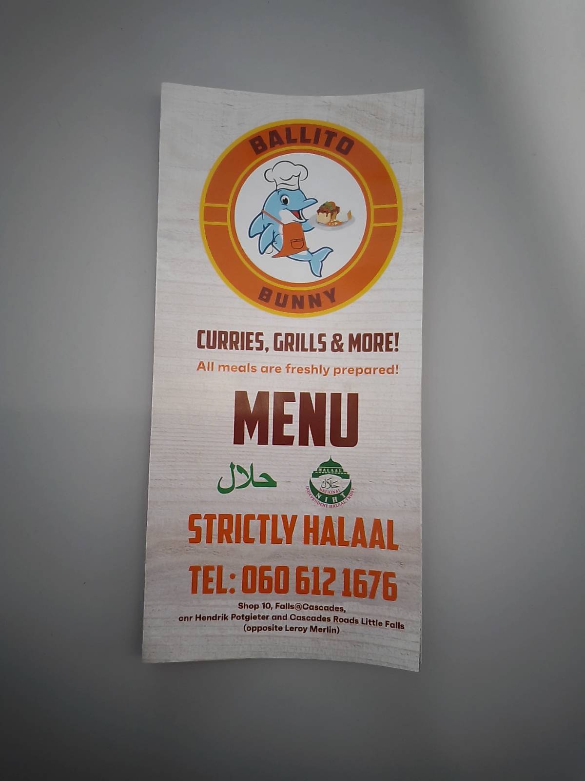 Menu at Ballito Bunny restaurant, Johannesburg