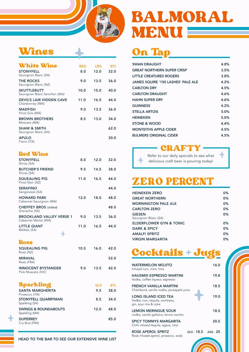 Menu at Balmoral Hotel pub & bar, East Victoria Park