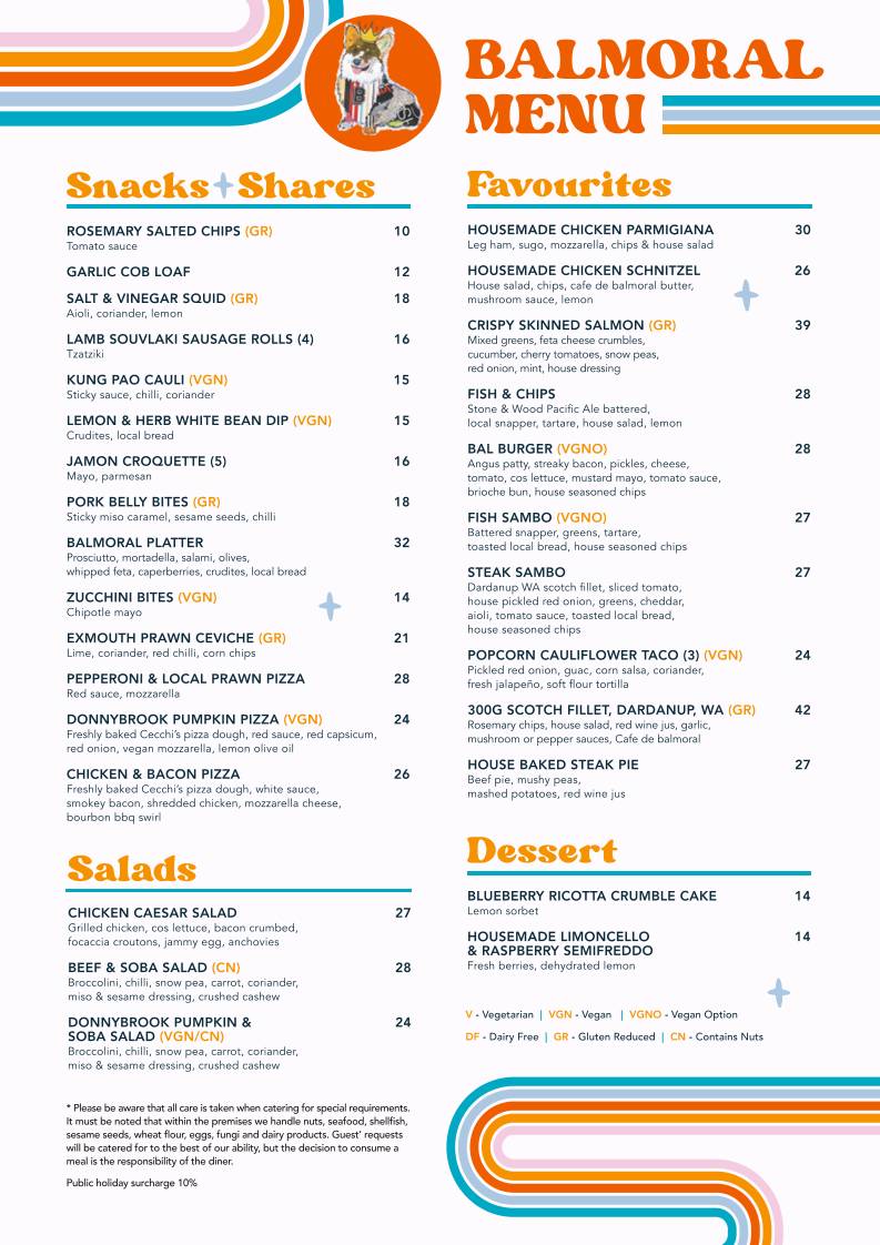 Menu at Balmoral Hotel pub & bar, East Victoria Park