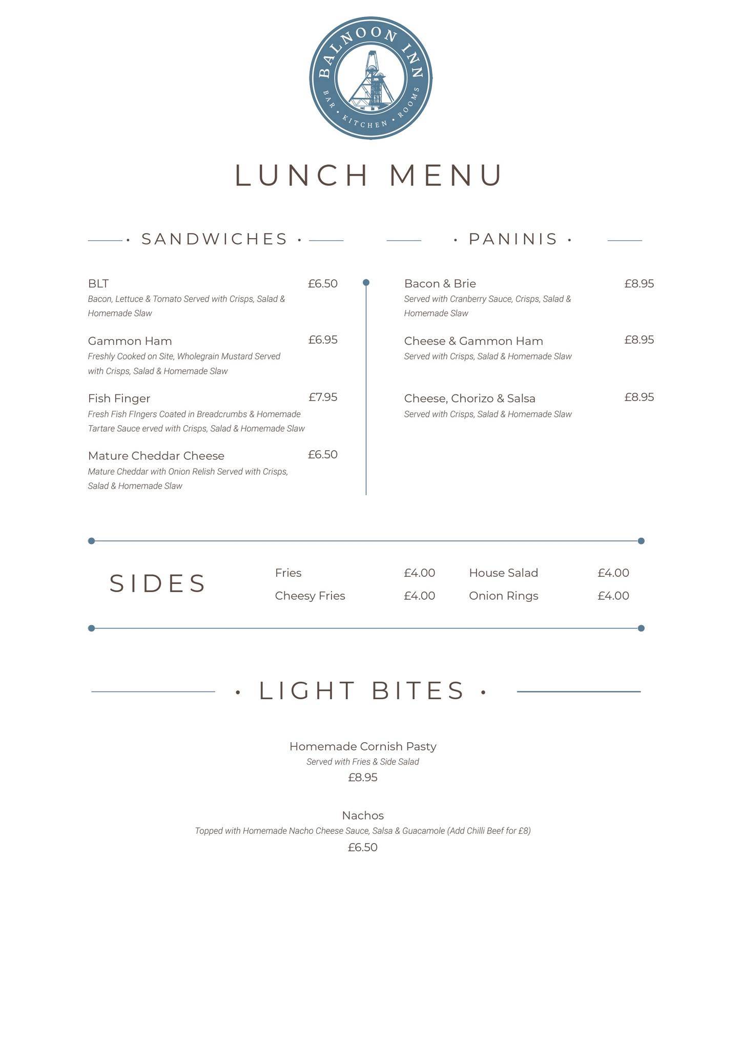 Menu at The Balnoon Inn pub & bar, Saint Ives