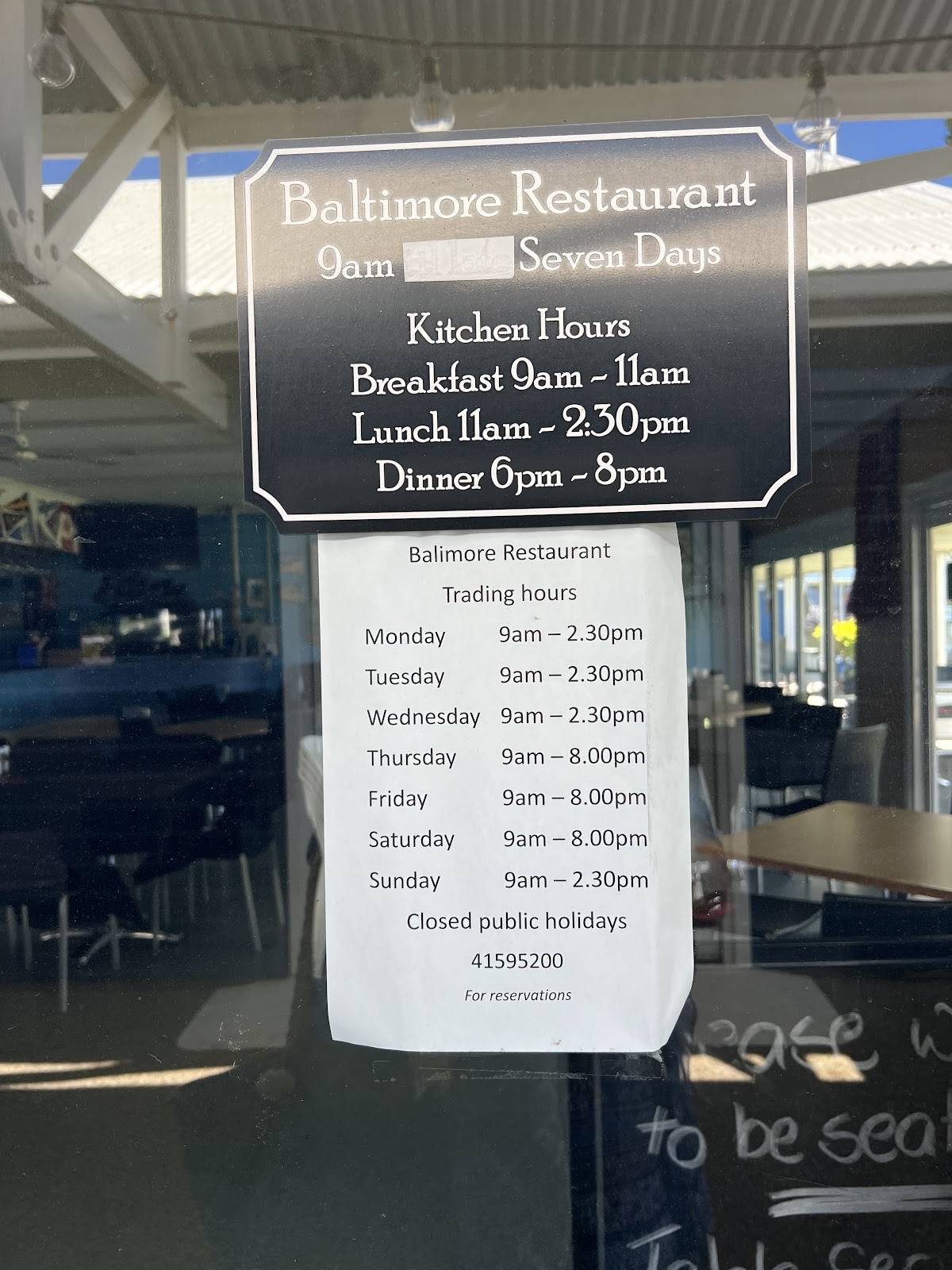 Menu at Baltimore restaurant, Burnett Heads, Marina Dr