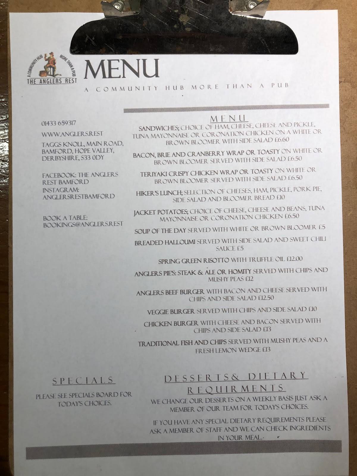 Menu at The Anglers Rest, Bamford pub & bar, Hathersage