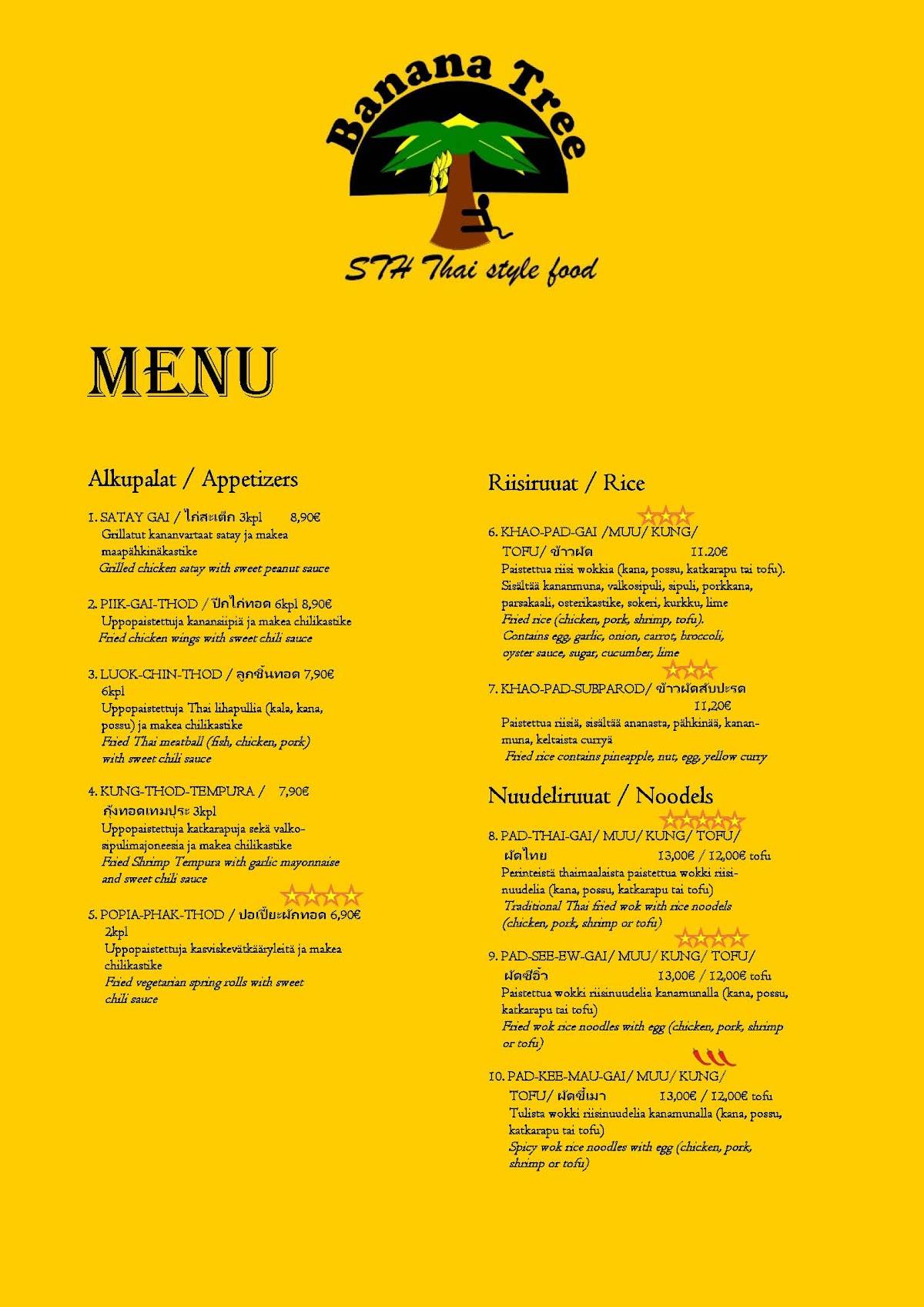 Carta del restaurante Banana Tree Water tower, Lappeenranta