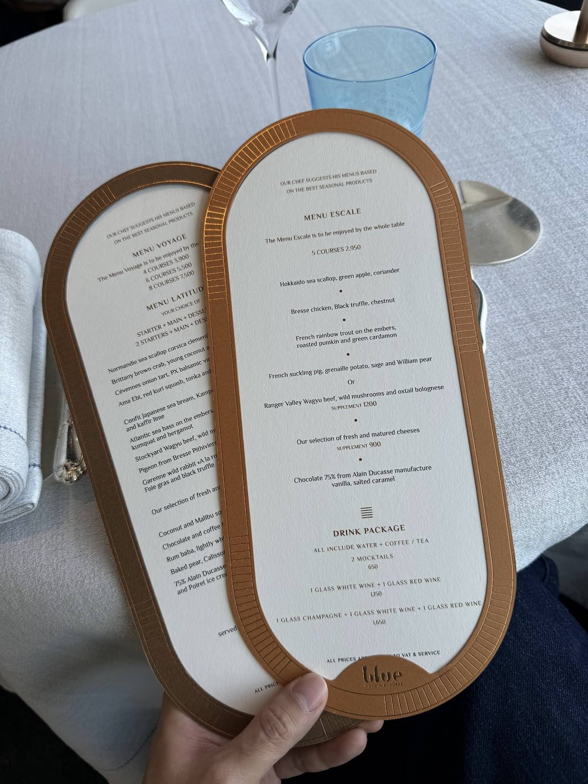 Menu at Blue by Alain Ducasse restaurant, Bangkok