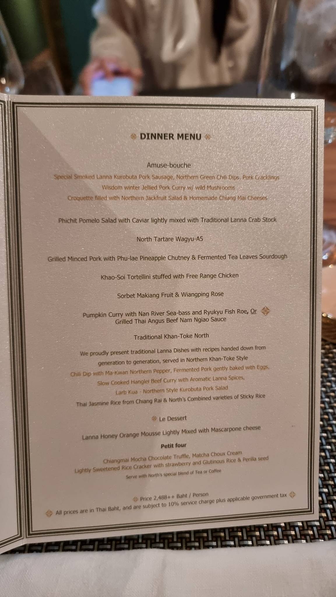 Menu at North Restaurant, Bangkok