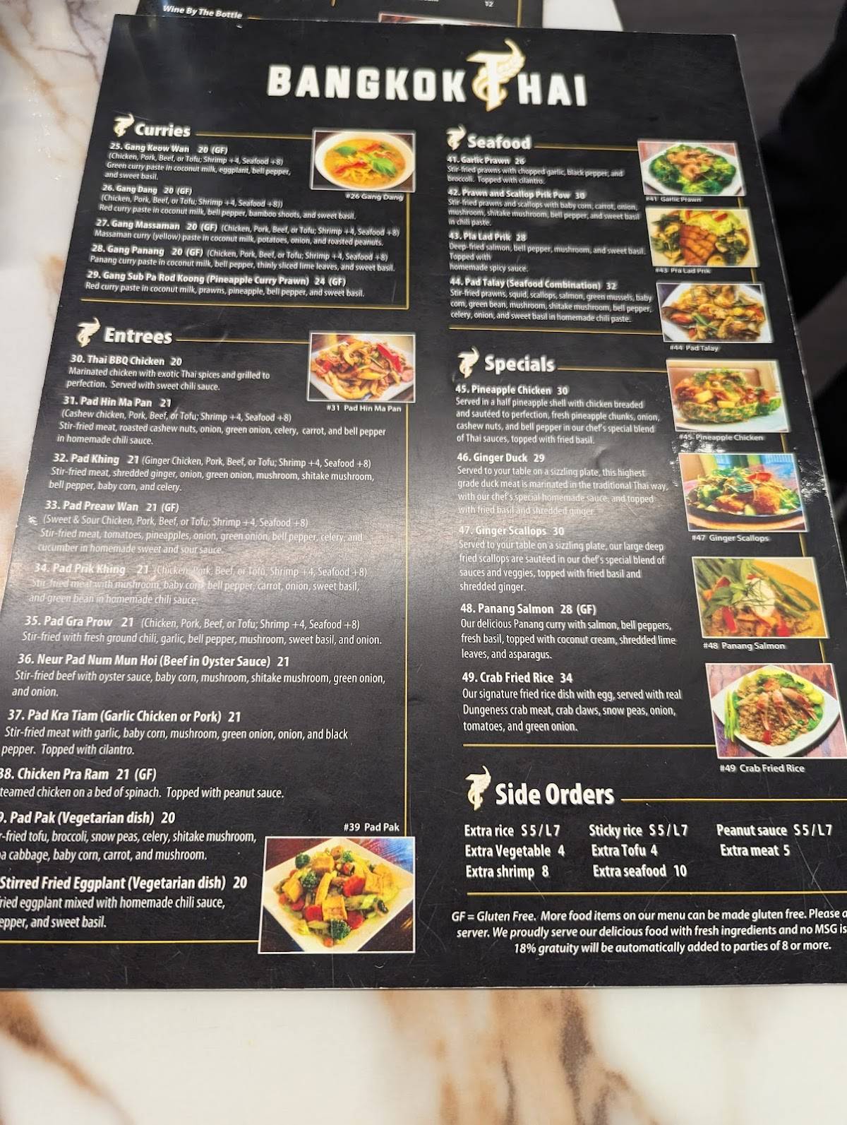 Menu at Bangkok Thai restaurant, Liberty Lake