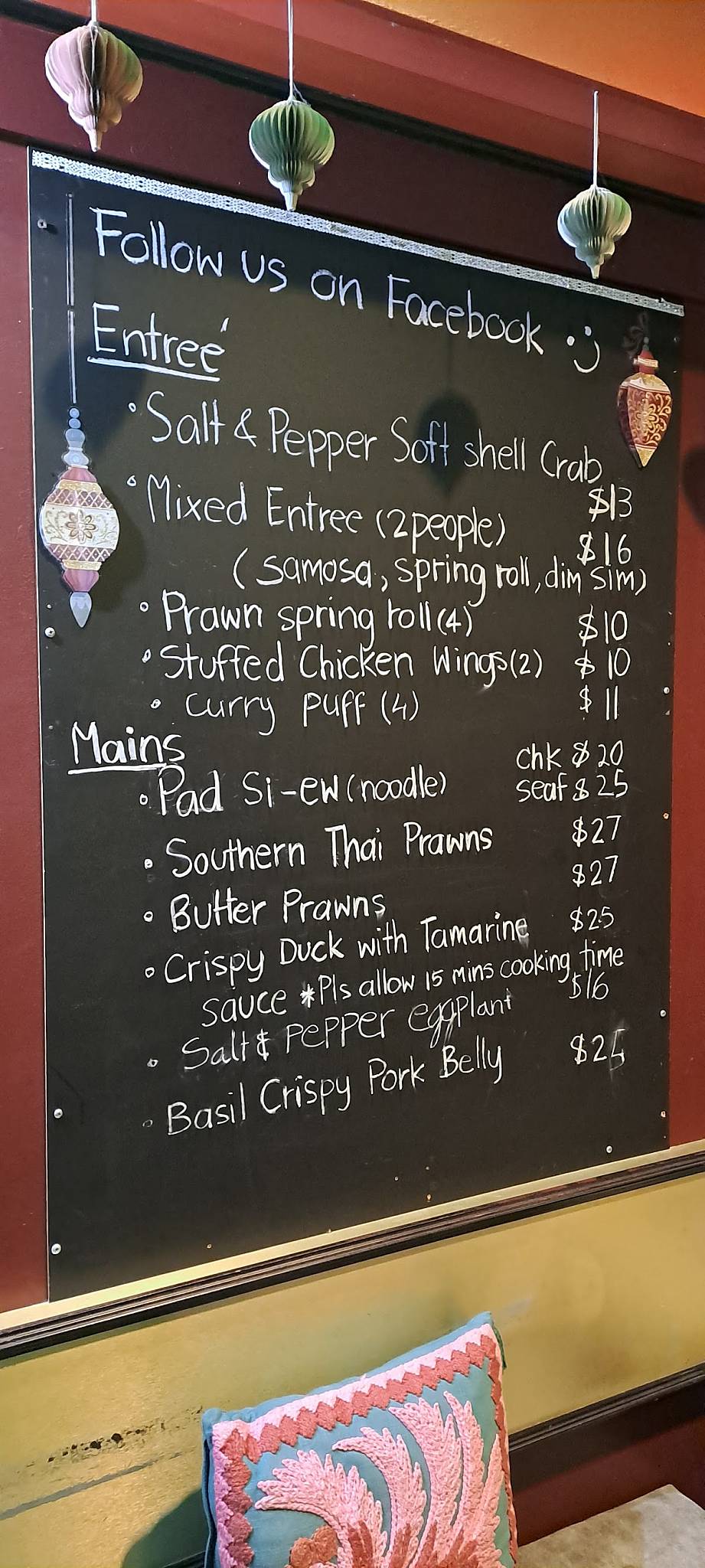 Menu at Bangkok's Kitchen restaurant, Golden Grove, Shopping Centre