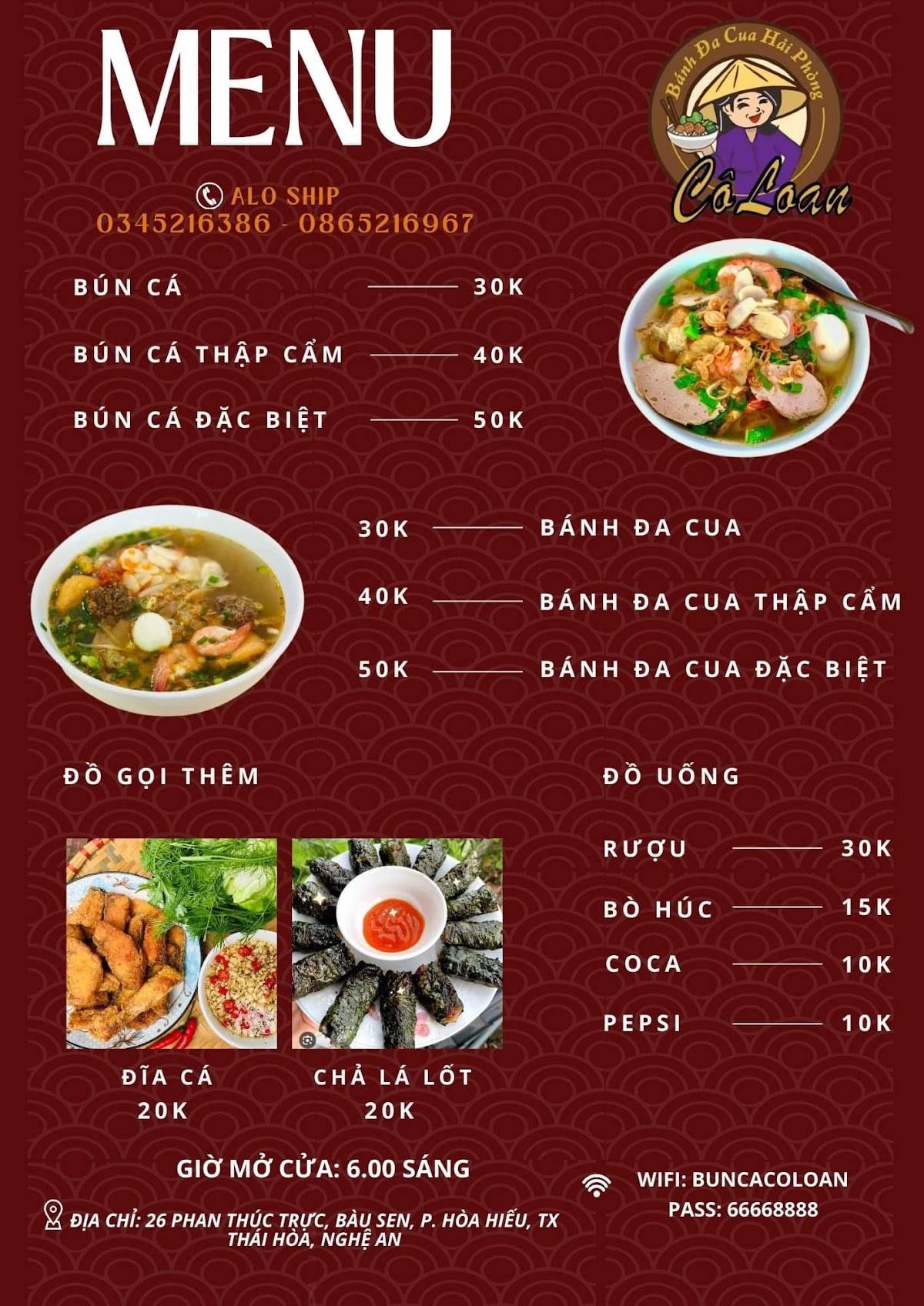 Carta del restaurante Bánh Đa Cua, Bún Cá Hải Phòng Cô Loan, Vietnam