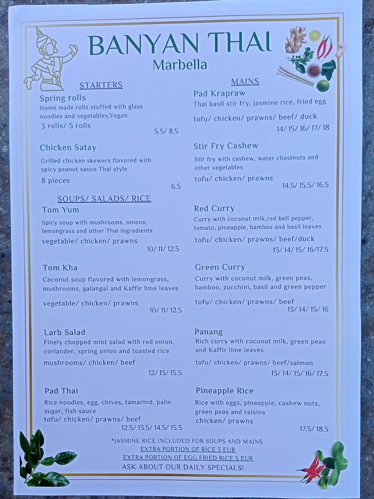 Menu at Banyan Thai restaurant, Marbella