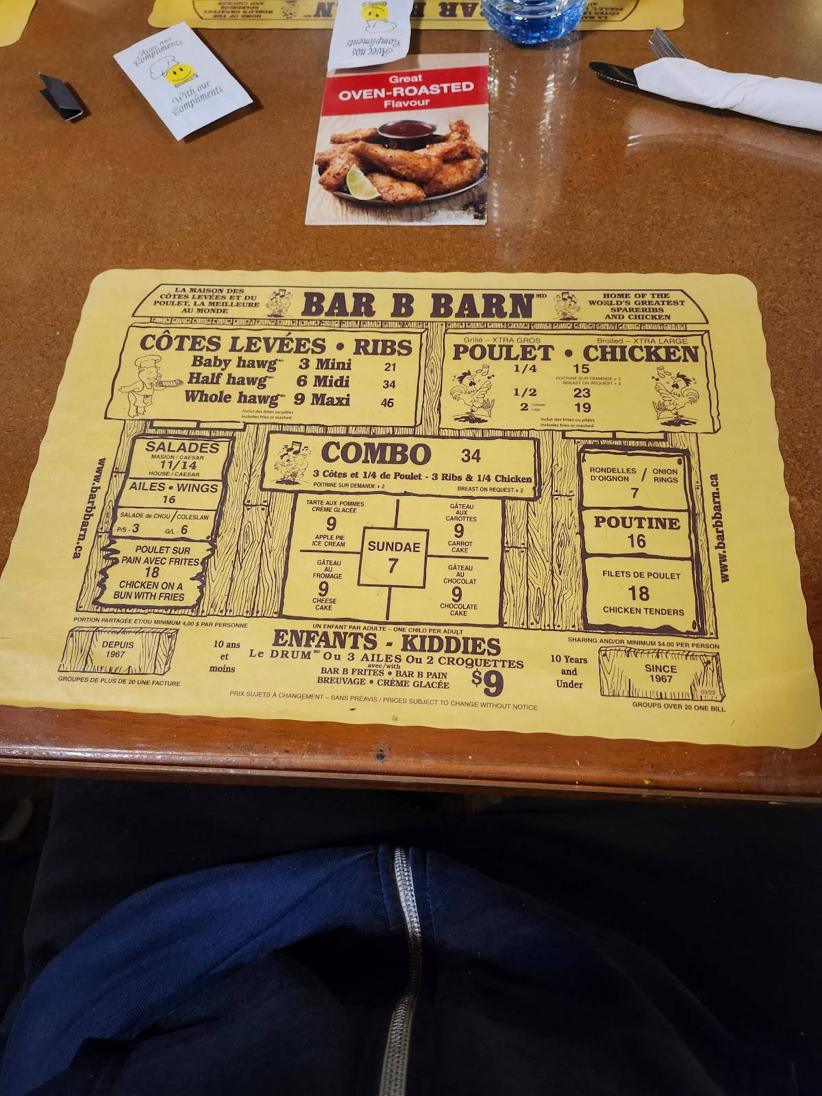 Menu au Bar-B-Barn, Pointe-Claire, Bd des Sources