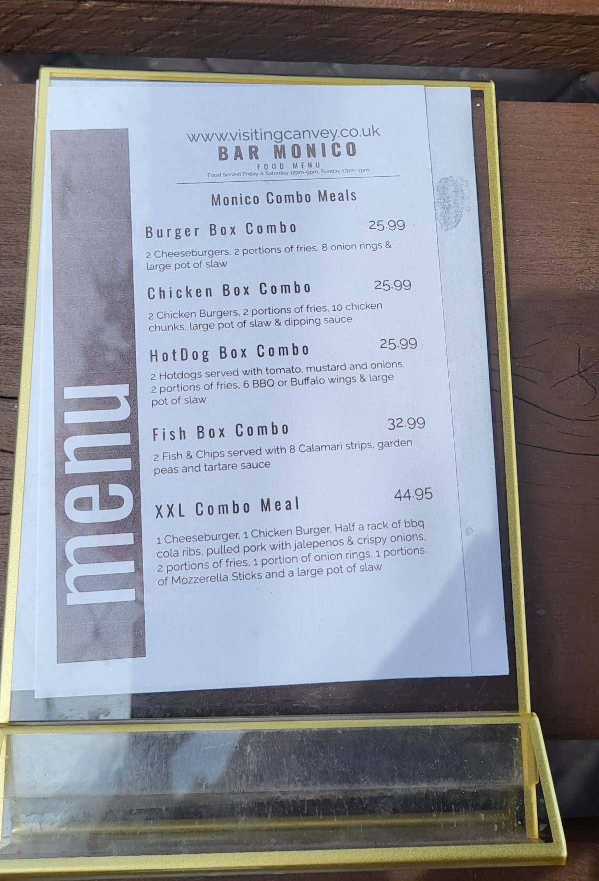 Menu at Bar Monico, Canvey Island