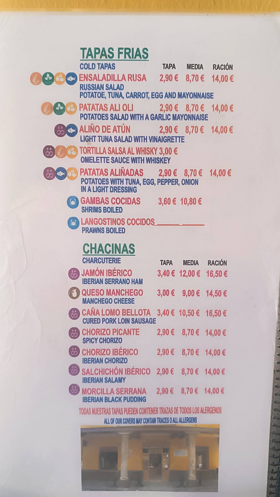 Carta de Bar Santa Cruz “Las Columnas”, Sevilla, C. Rodrigo Caro