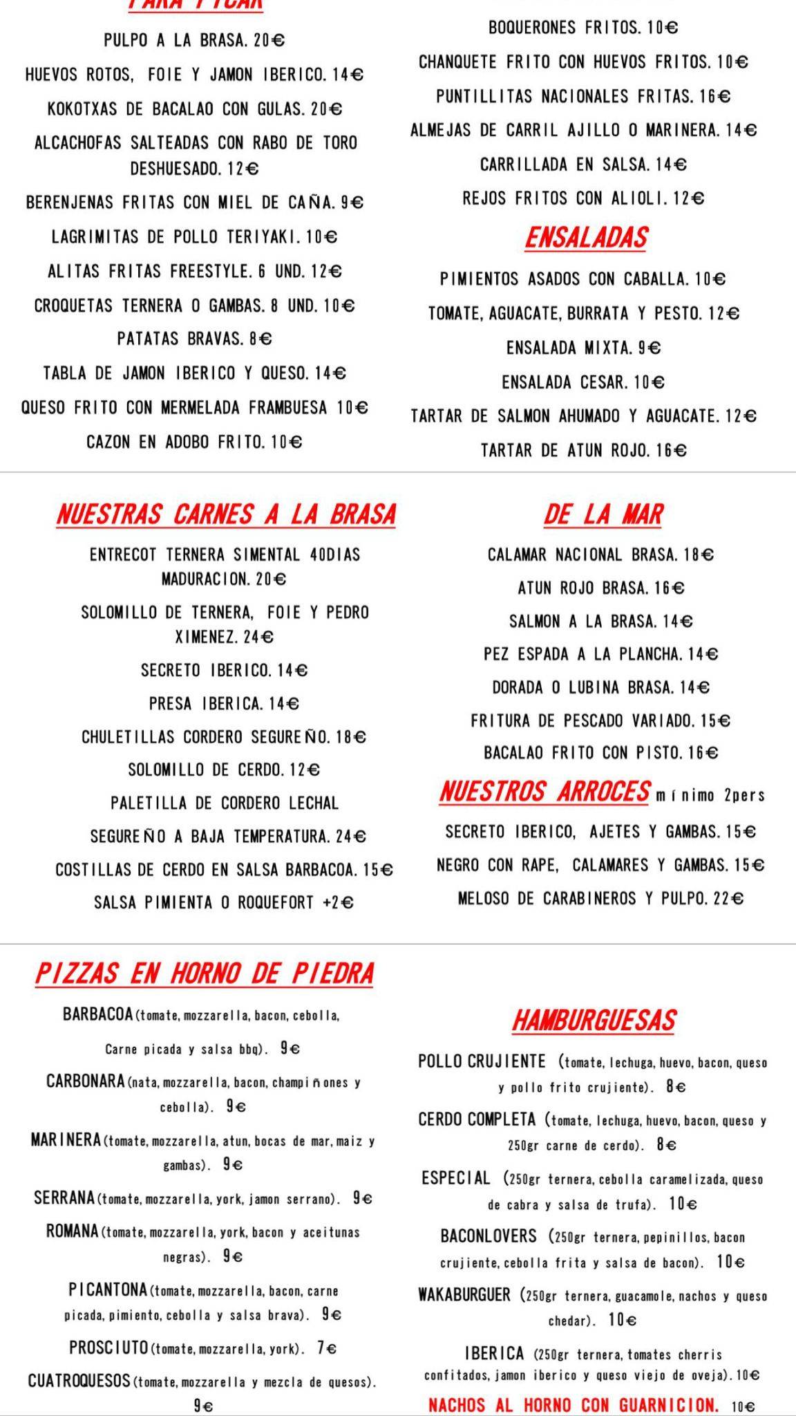 Carta de Restaurante Antigua Estación, Castilléjar