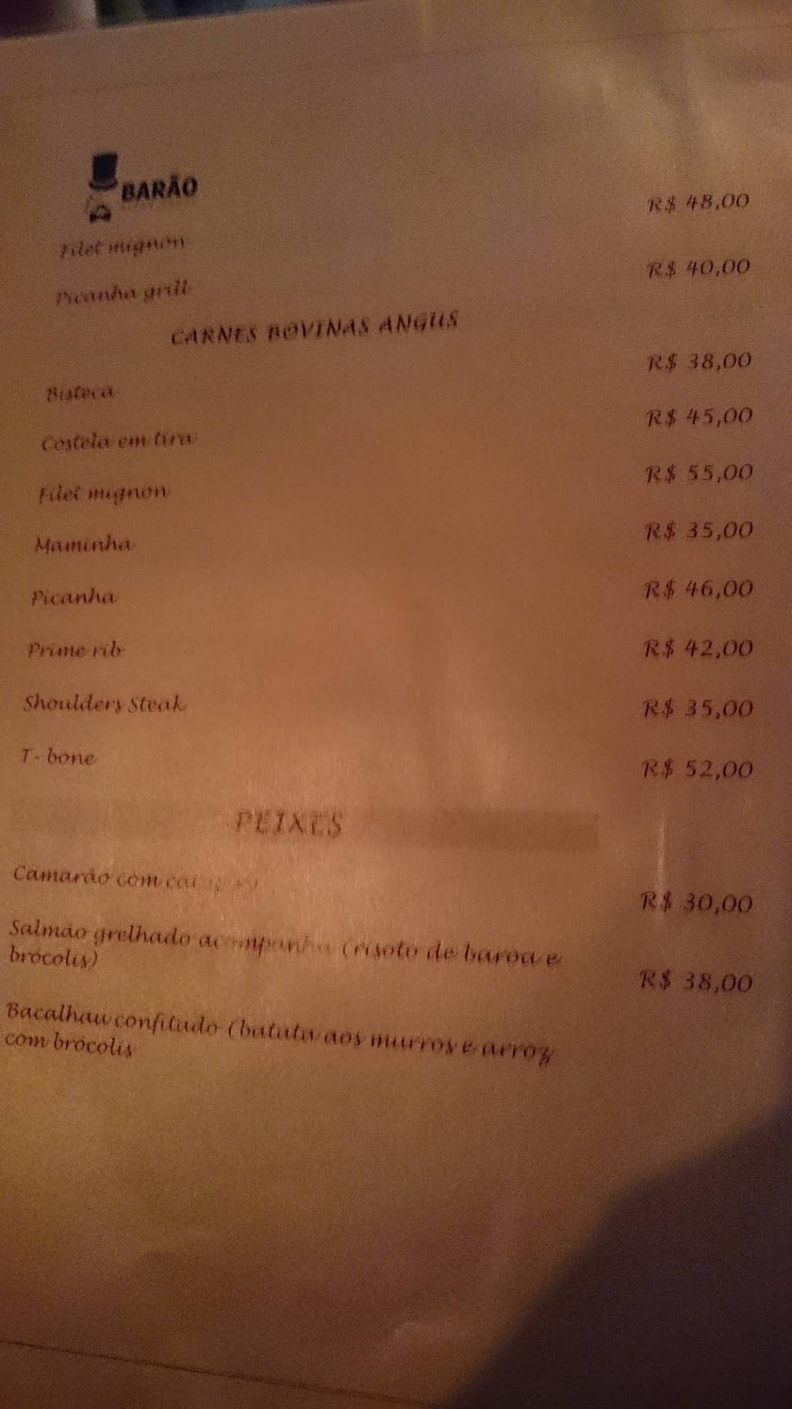 Menu at Barão Steak House, Lavras