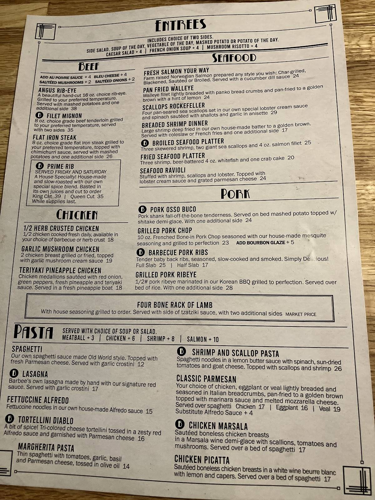 Menu at Barbee Hotel & Restaurant, USA
