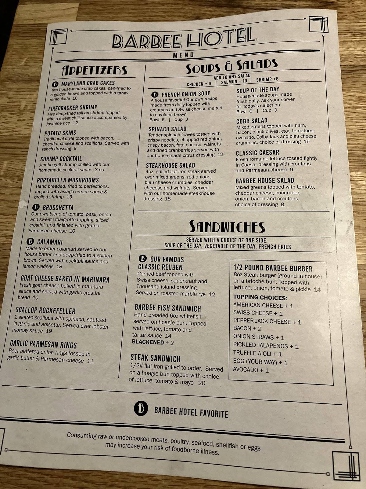 Menu at Barbee Hotel & Restaurant, USA