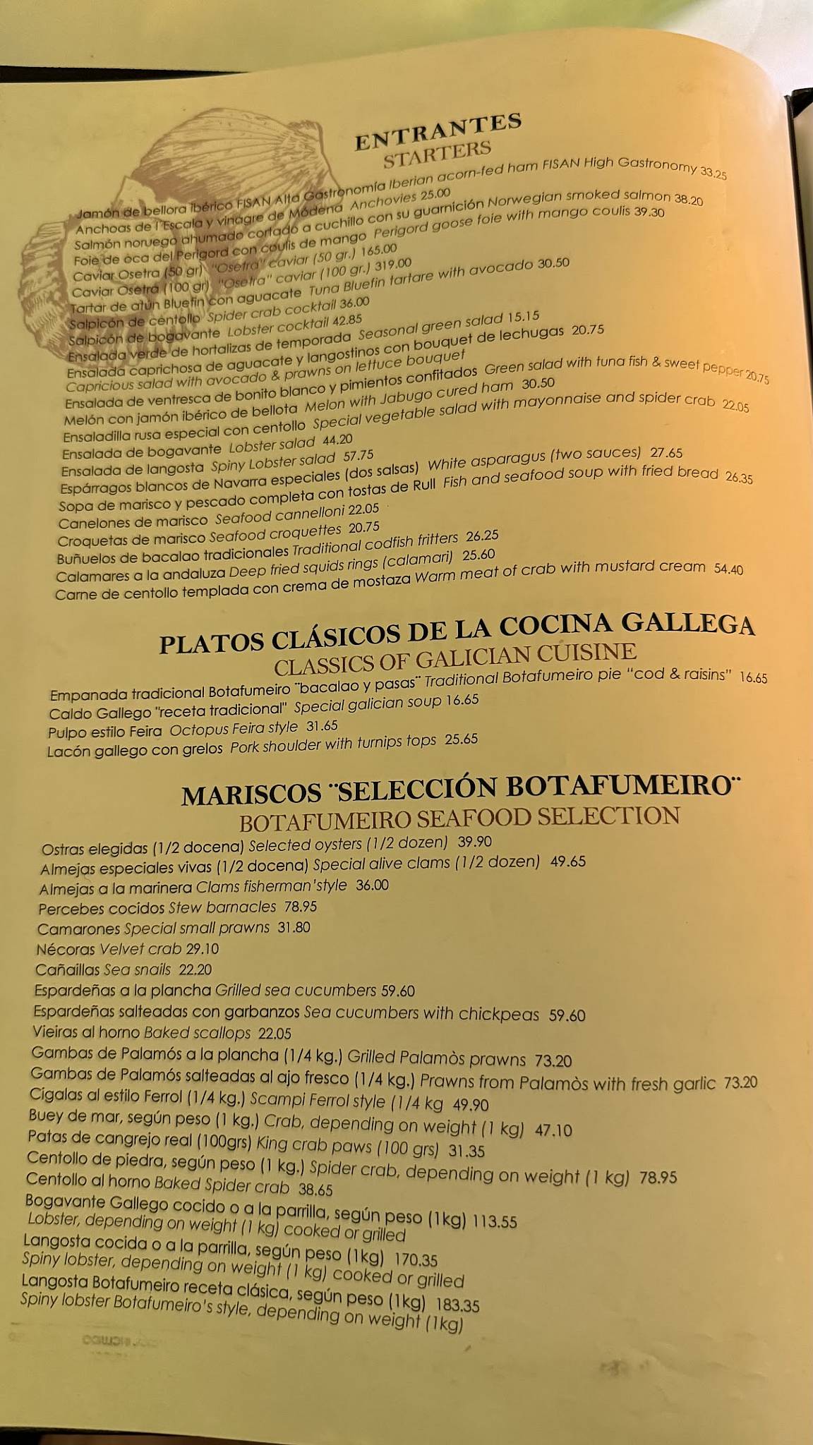 Menu at Botafumeiro restaurant, Barcelona, Carrer Gran de Gràcia