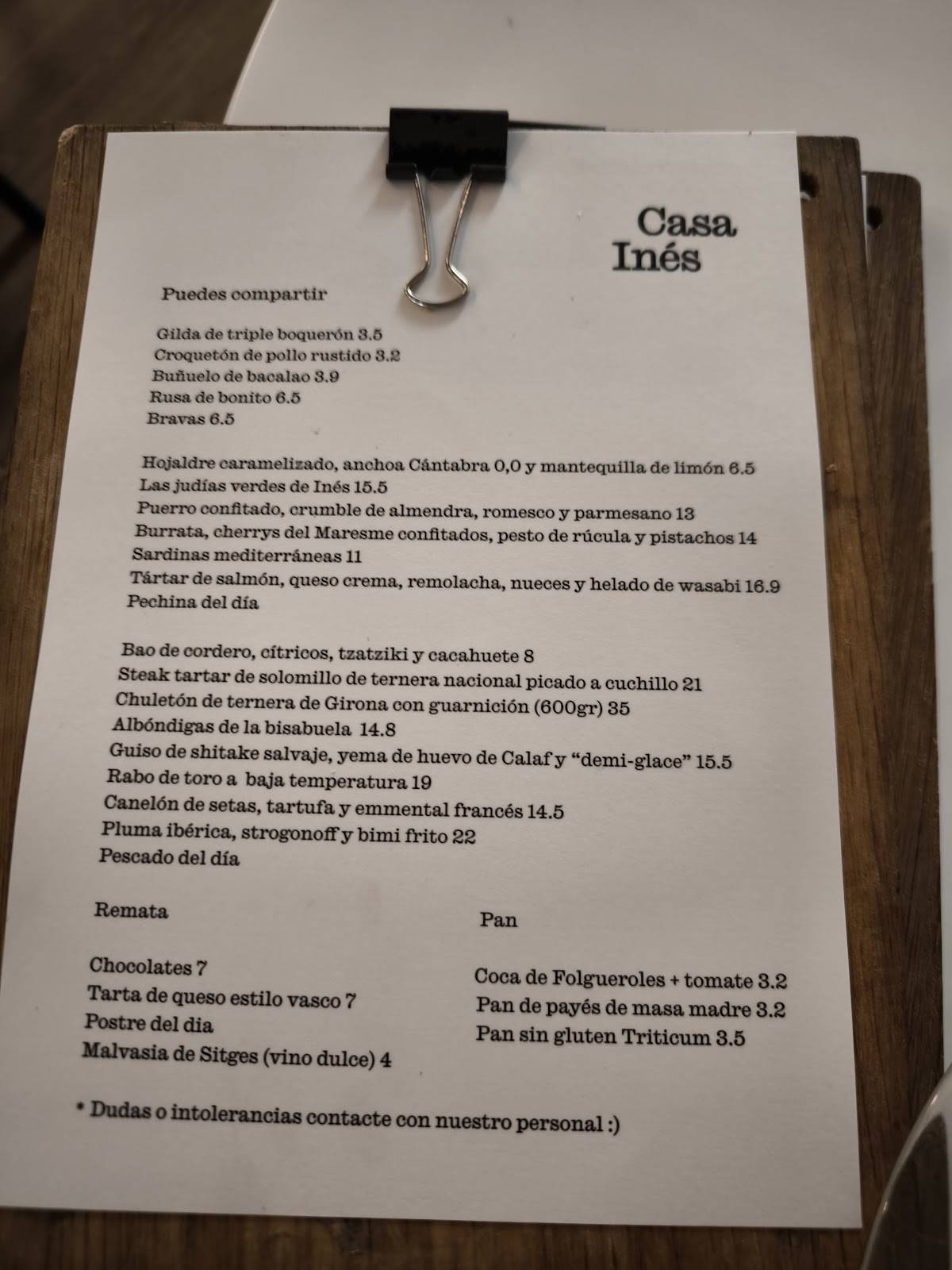 Carta del pub y bar Casa Inés, Barcelona