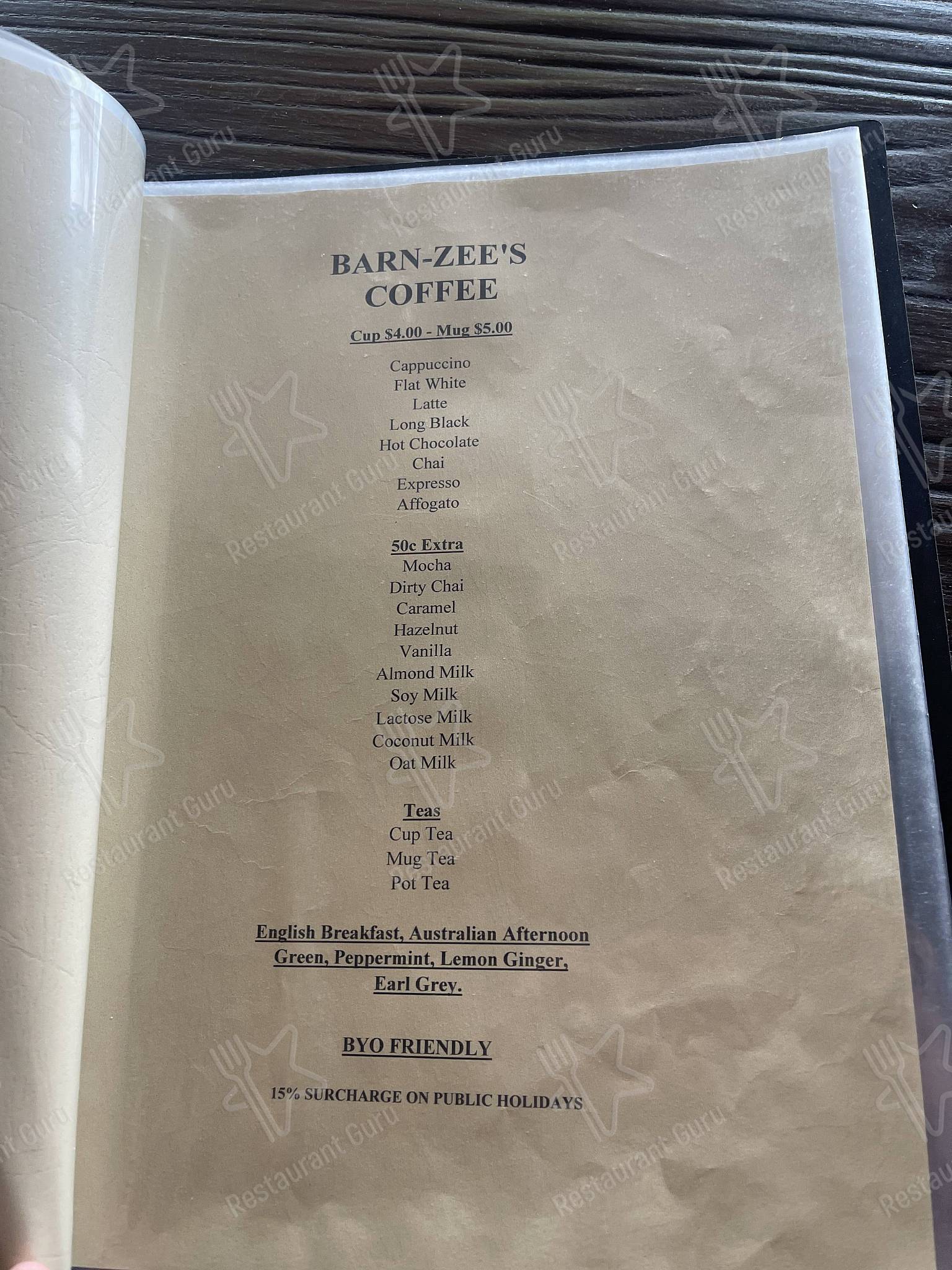 Menu at Barn-Zee's Burgers & Barista, Collie