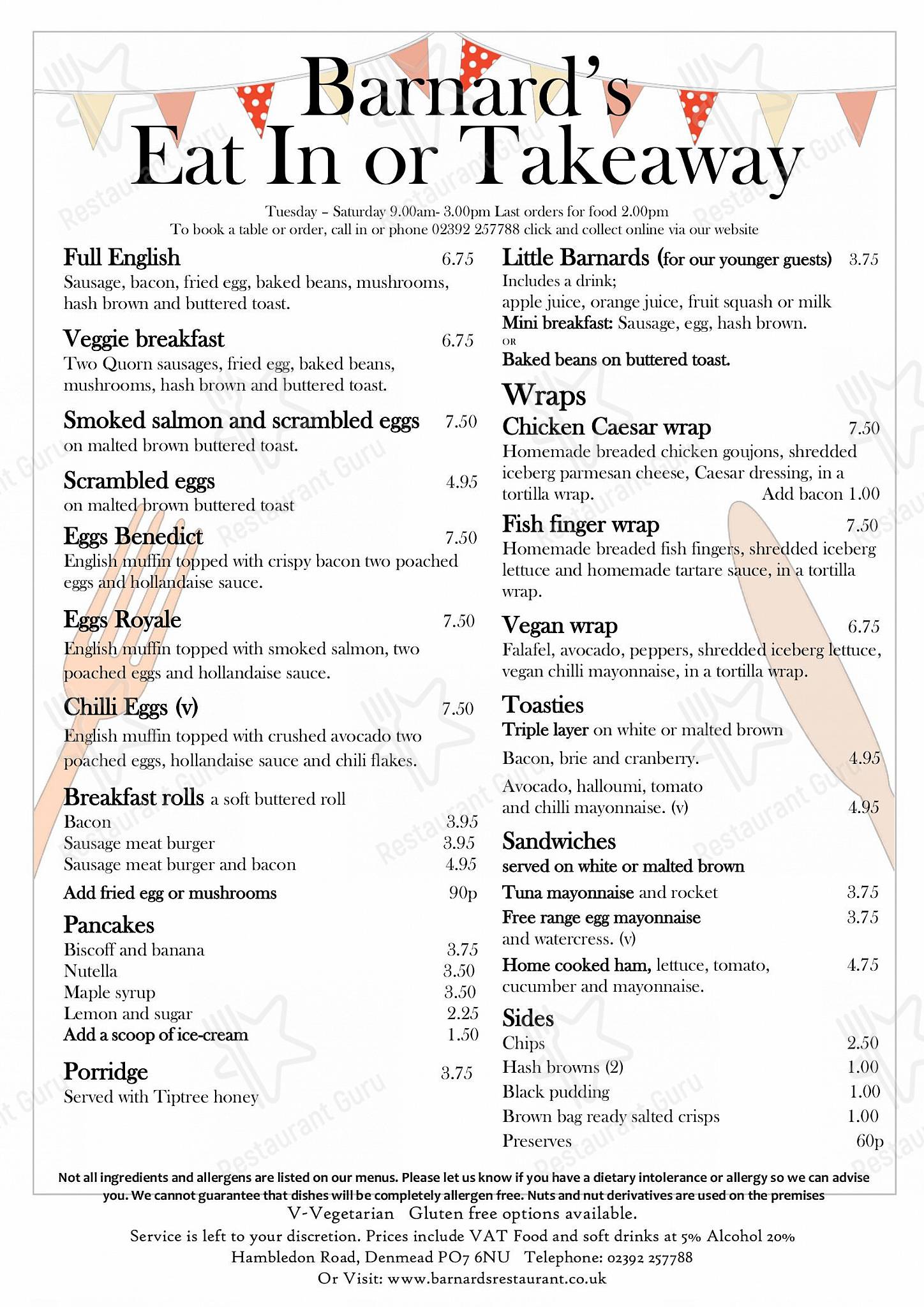 Menu at Barnard's Restaurant, Waterlooville