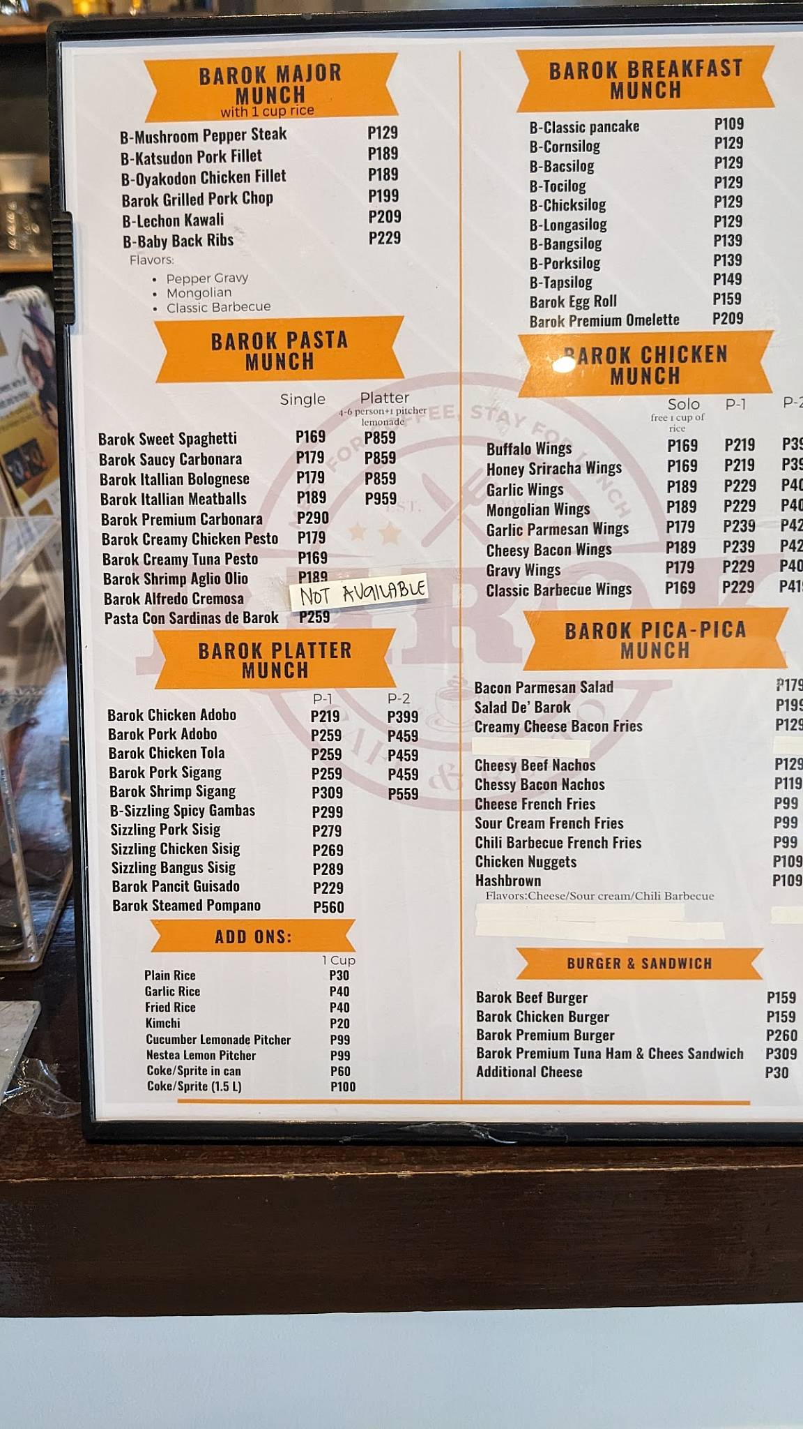 Carta de Barok Cafe & Resto, Dávao
