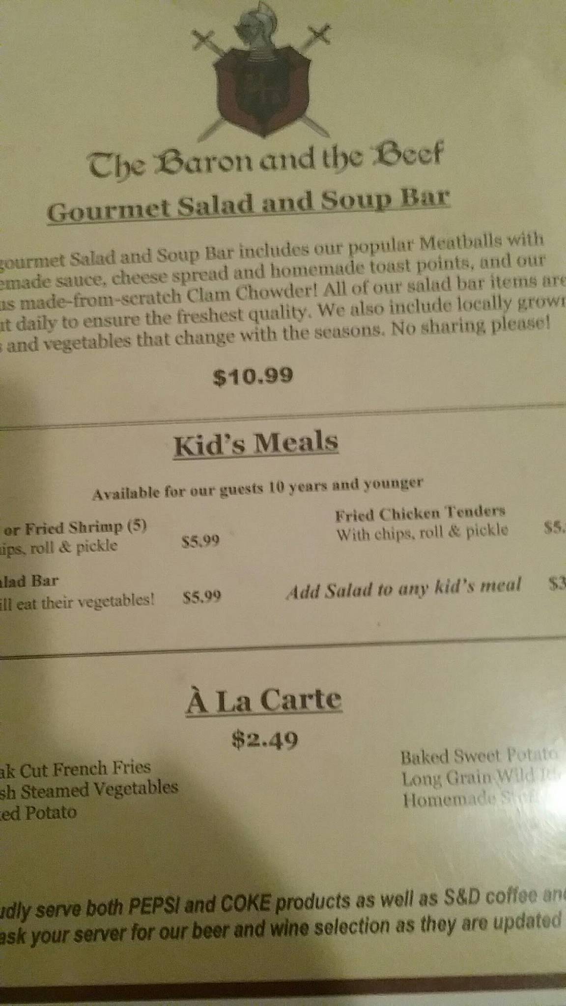 Menu at Baron & the Beef, Kinston, US-70