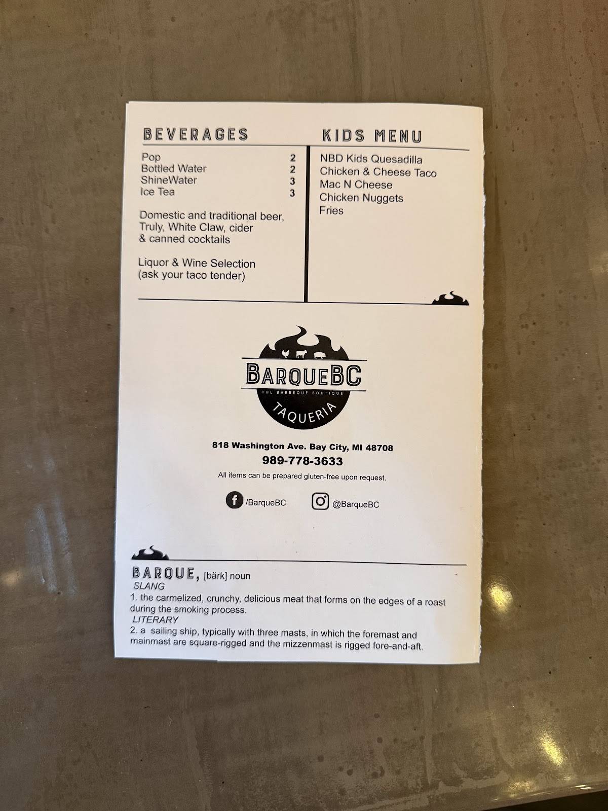 Menu at BarqueBC, Bay City