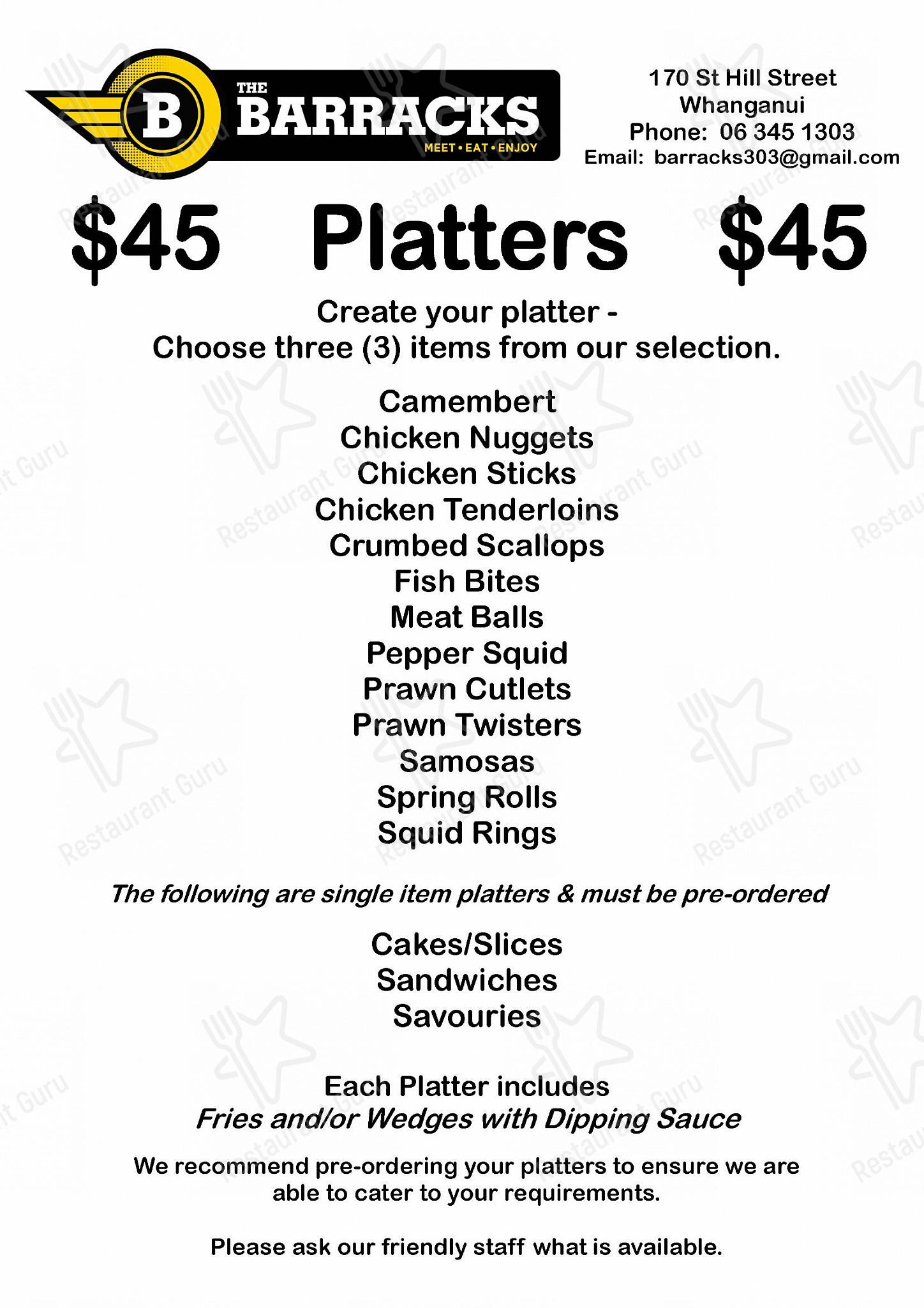 Menu at The Barracks Sports Bar Wanganui, Whanganui