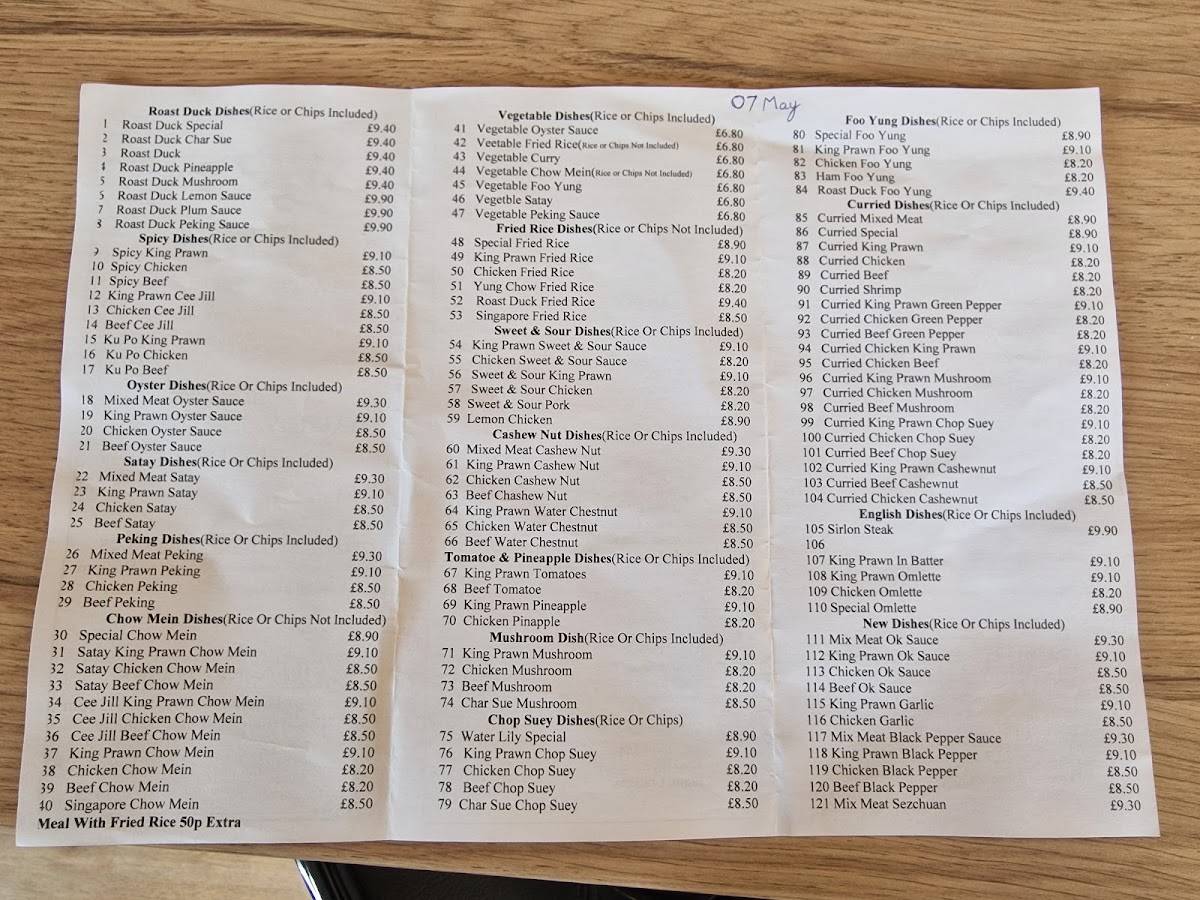 Menu at Water Lily Takeaway fast food, Barrow-in-Furness, 43 Cavendish St
