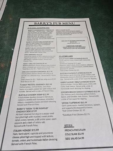 Menu at Barry's Pub, McCandless