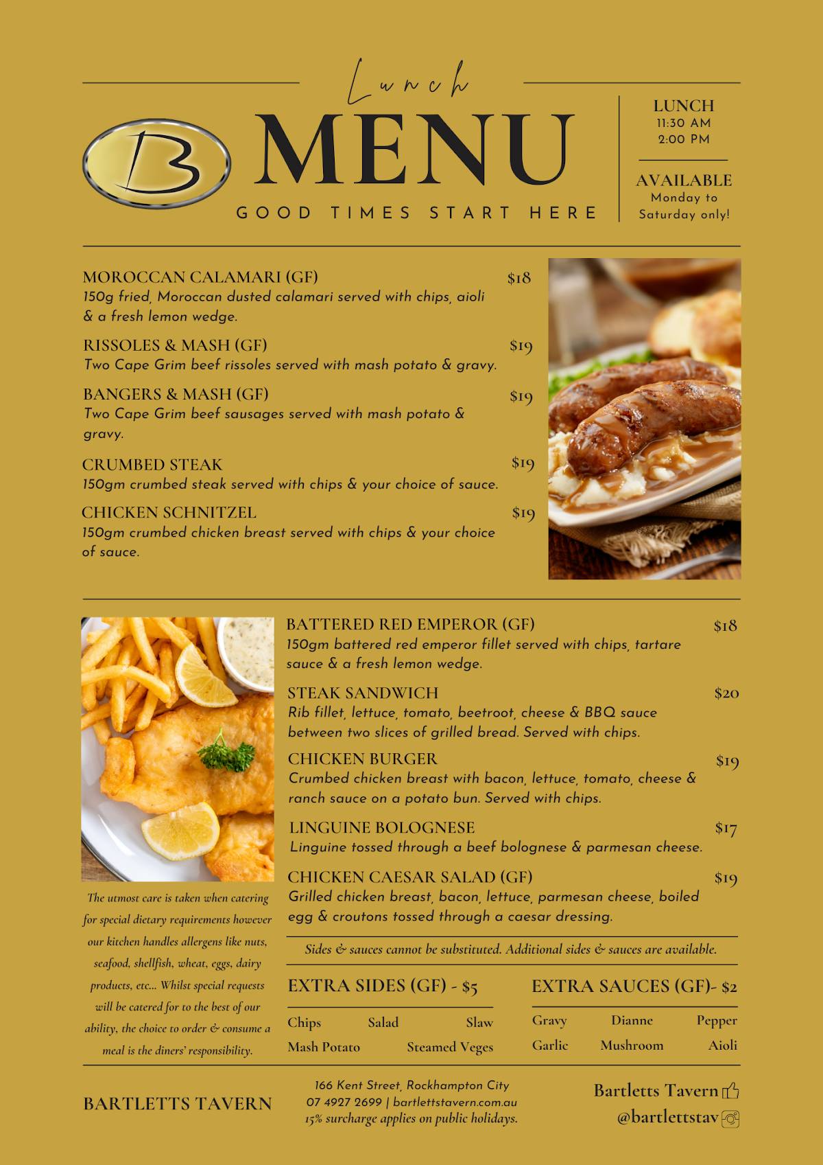 Menu at Bartletts Tavern, Rockhampton City