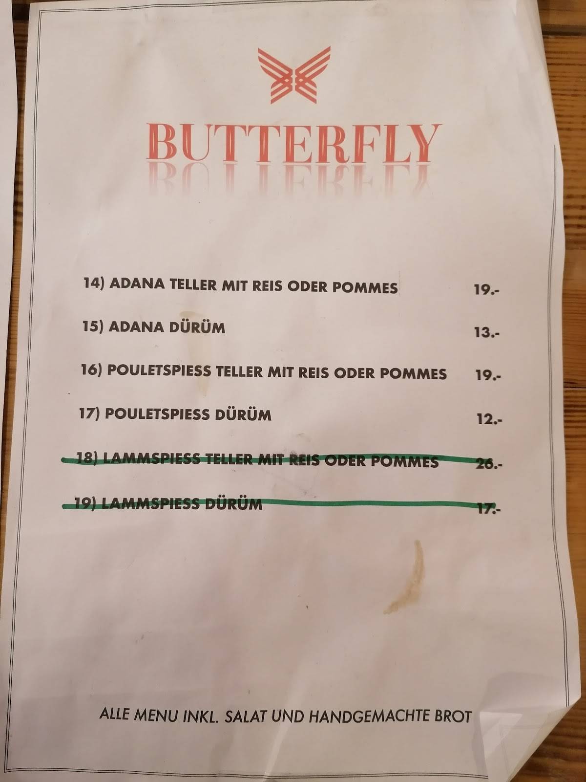 Speisekarte von Butterfly Restaurant, Basel