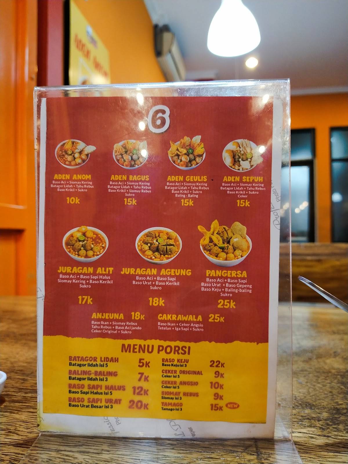Menu at Baso Aden restaurant, Bandung, Jl. Terusan Kopo-Soreang No.362