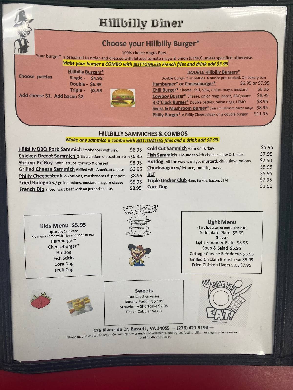 Menu at Hillbilly Diner restaurant, Bassett
