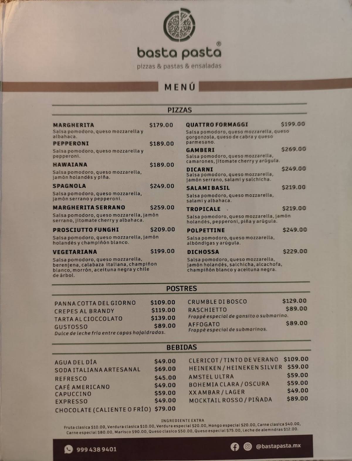 Carta del restaurante Basta Pasta - Galerías Mérida, Merida
