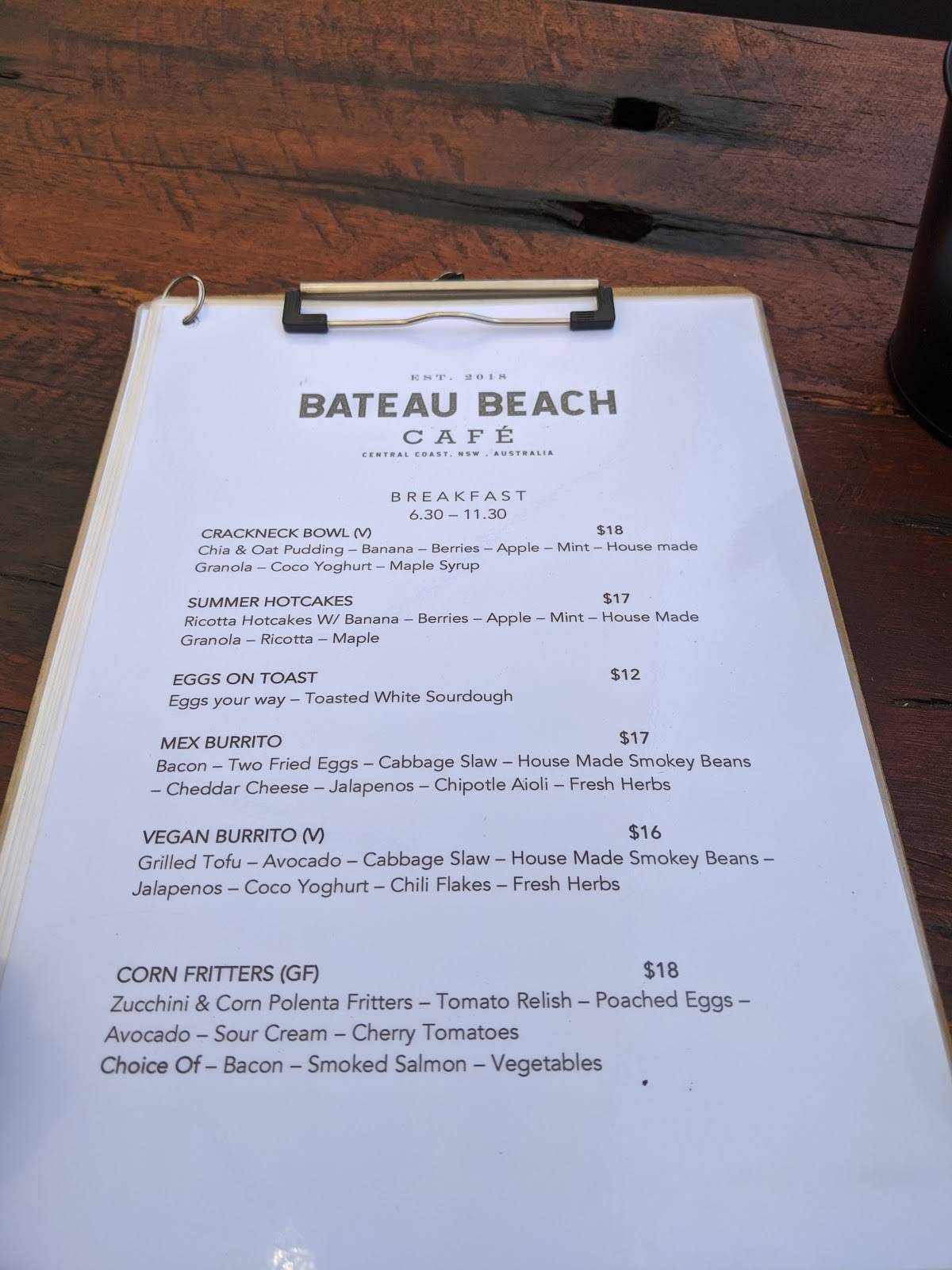 Menu at Bateau Beach Cafe, Bateau Bay