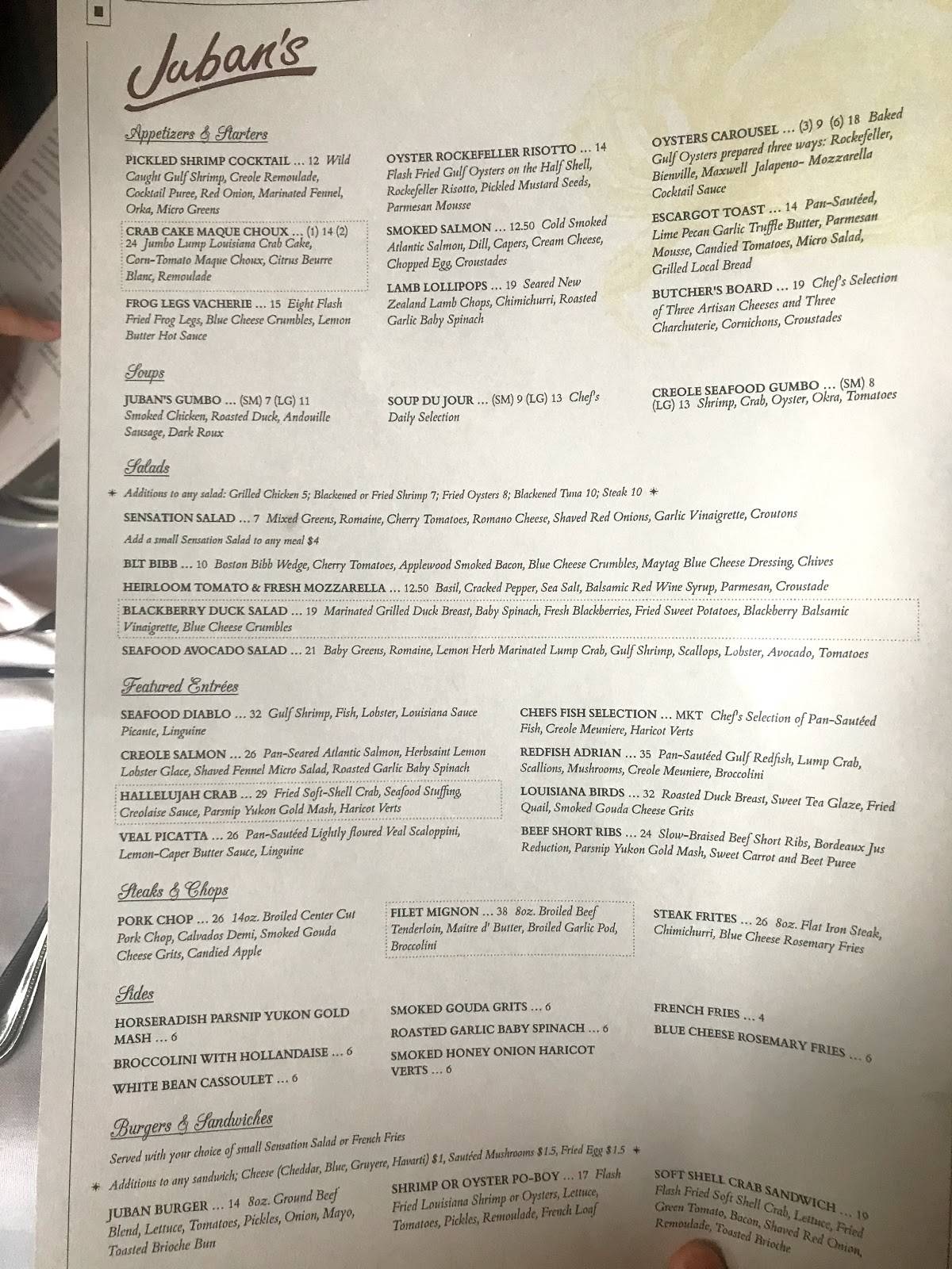 Menu at Jubans Restaurant & Bar, Baton Rouge