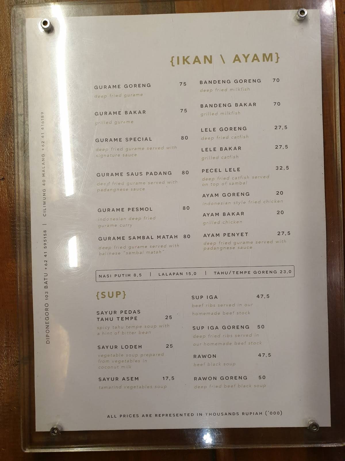Menu at Warung Bethania Batu restaurant, Batu