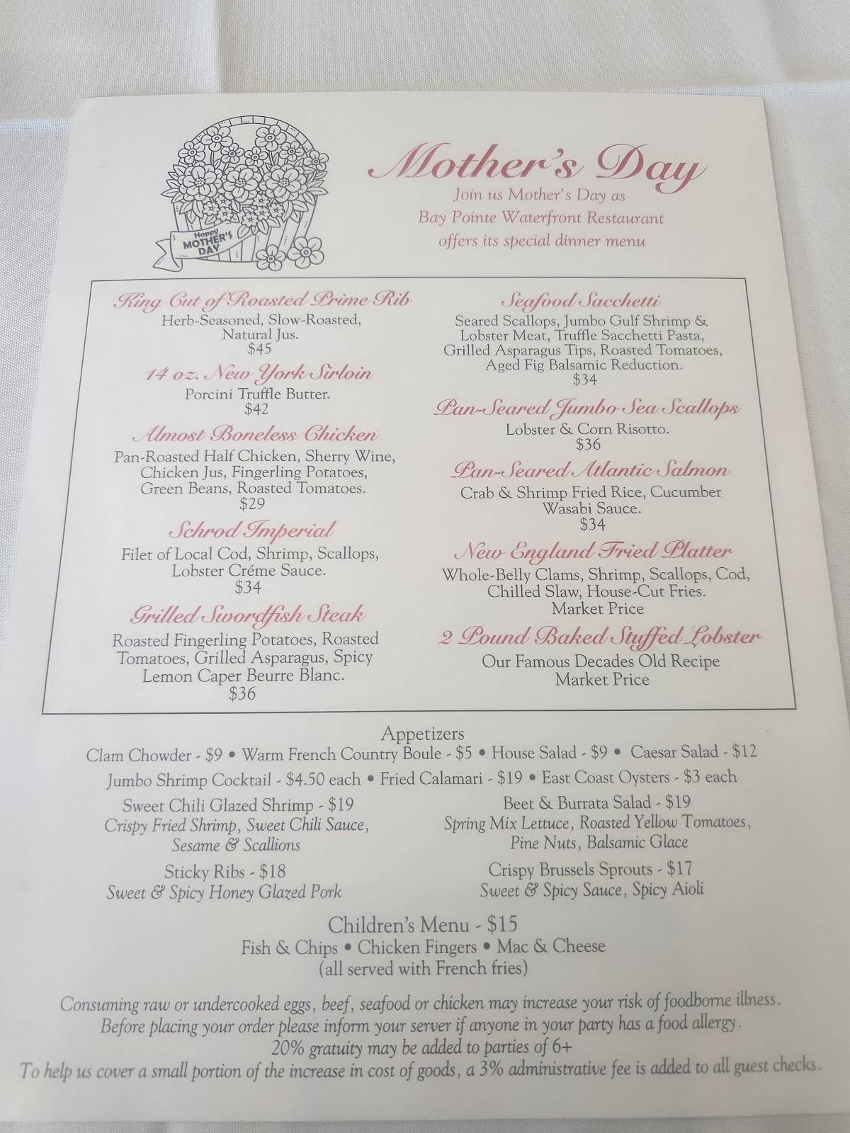 Menu at Bay Pointe Waterfront Restaurant, Quincy